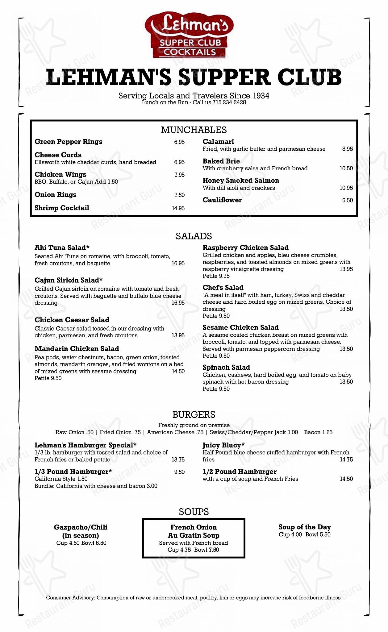 Menu at Lehman's Supper Club, Rice Lake
