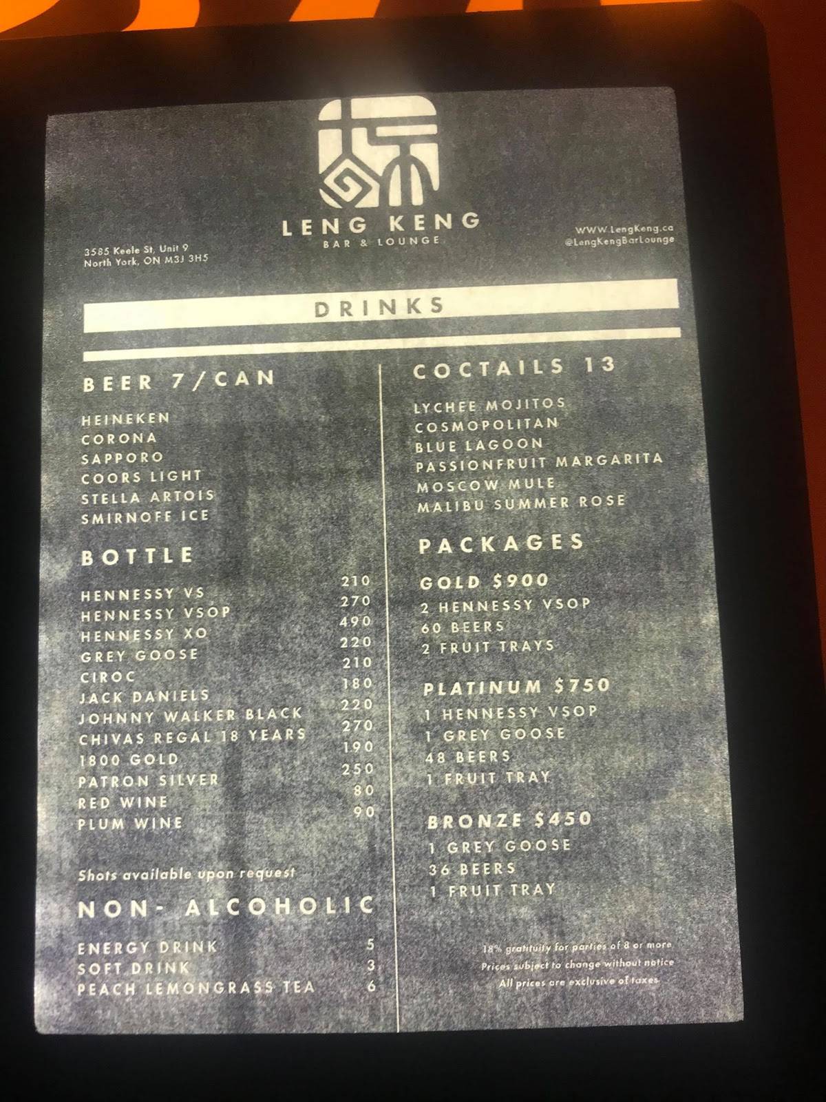 Menu at Leng Keng Bar & Lounge, Toronto