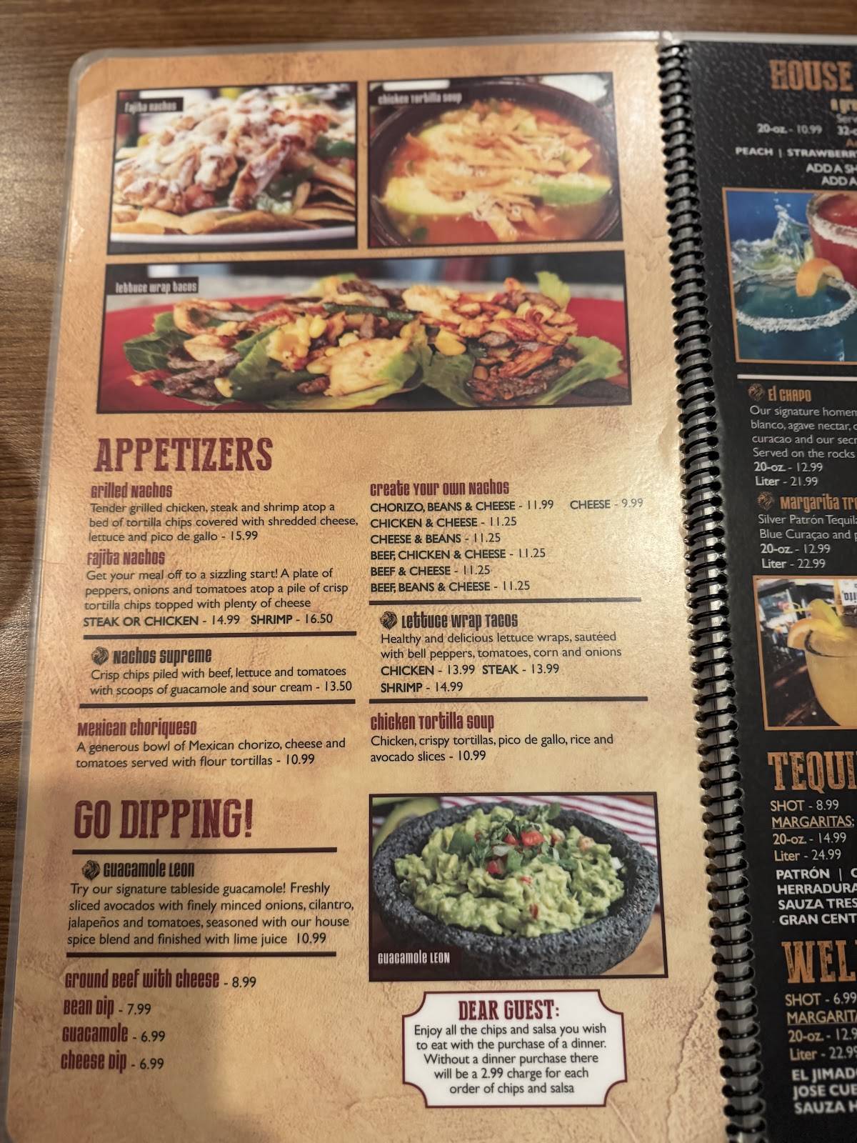 Menu at Leon Mexican Cuisine restaurant, Lebanon