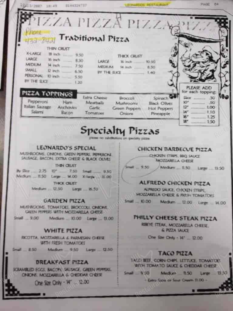 Menu at Leonardo's Restaurant, Franklin