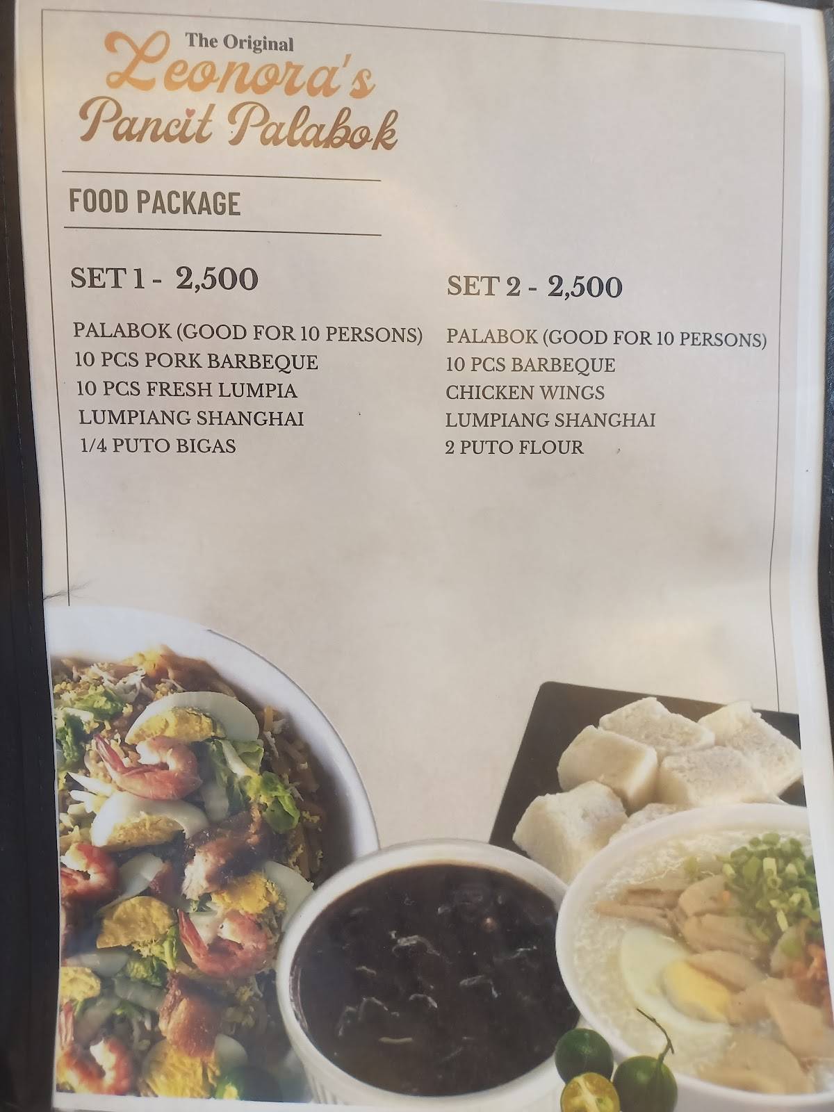 Menu at Leonora’s Pancit Palabok restaurant, Quezon City