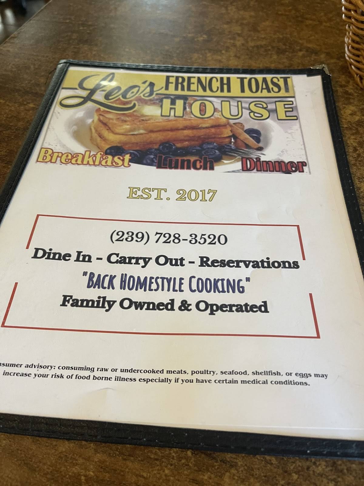Menu at Leo's French Toast House restaurant, Alva