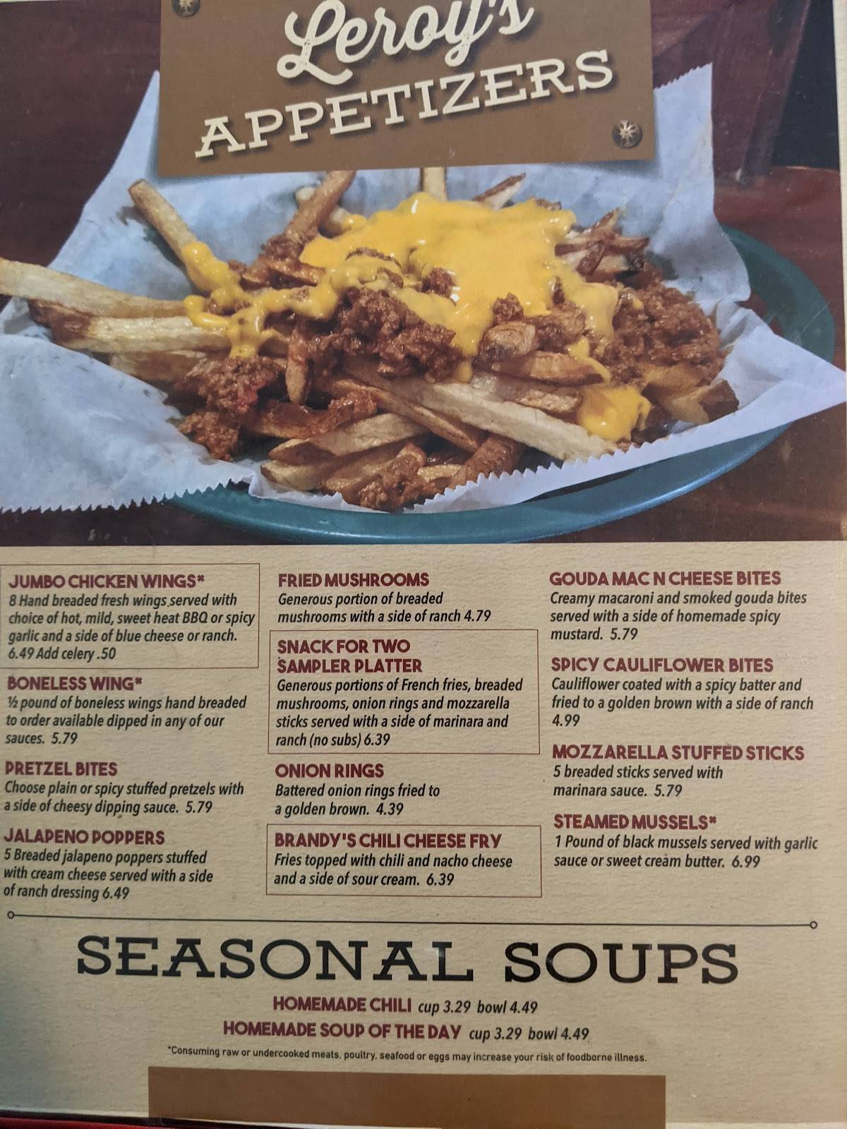 Menu at Leroy's of Wooster pub & bar, Wooster