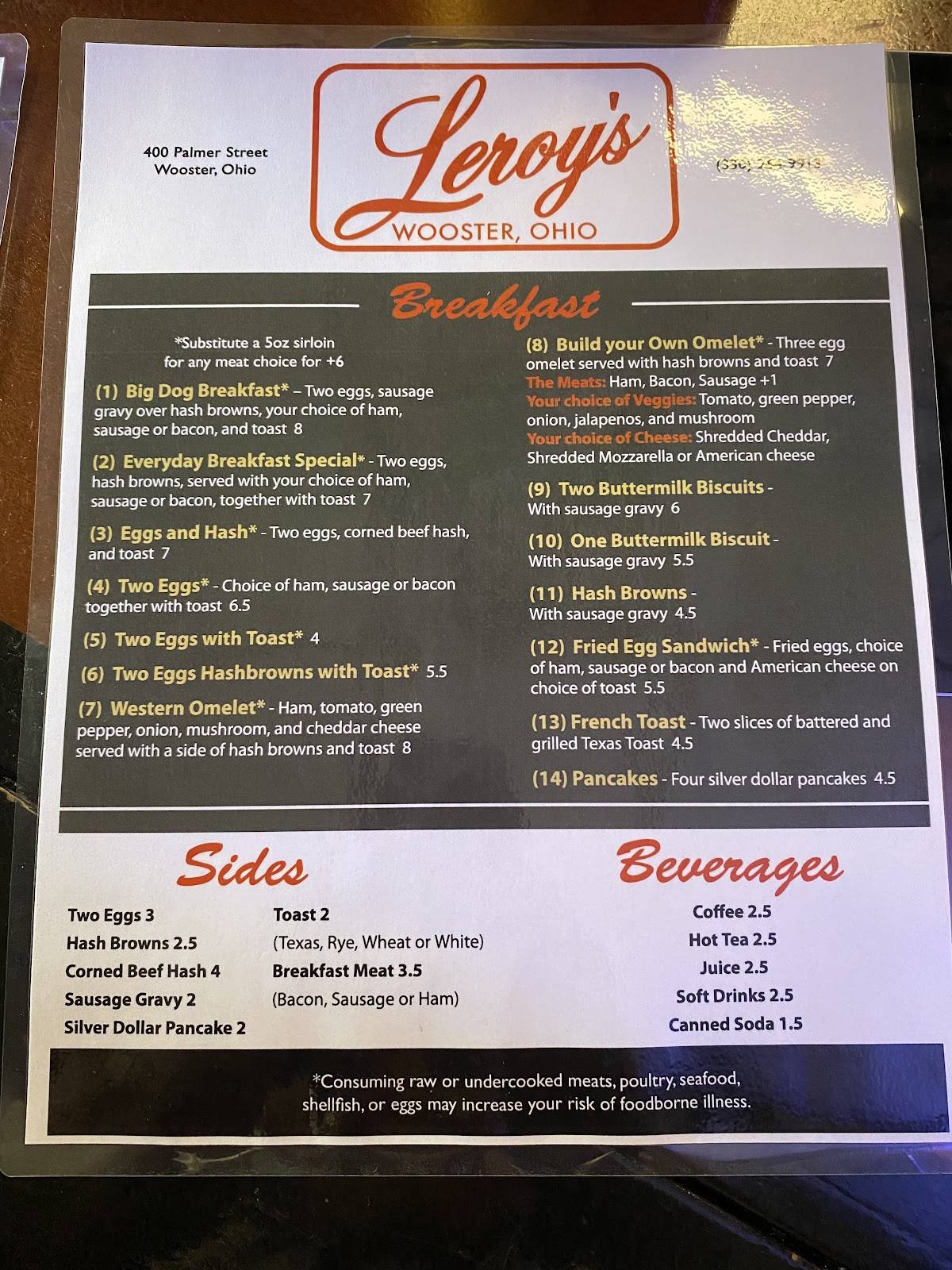Menu at Leroy's of Wooster, OH pub & bar, Wooster