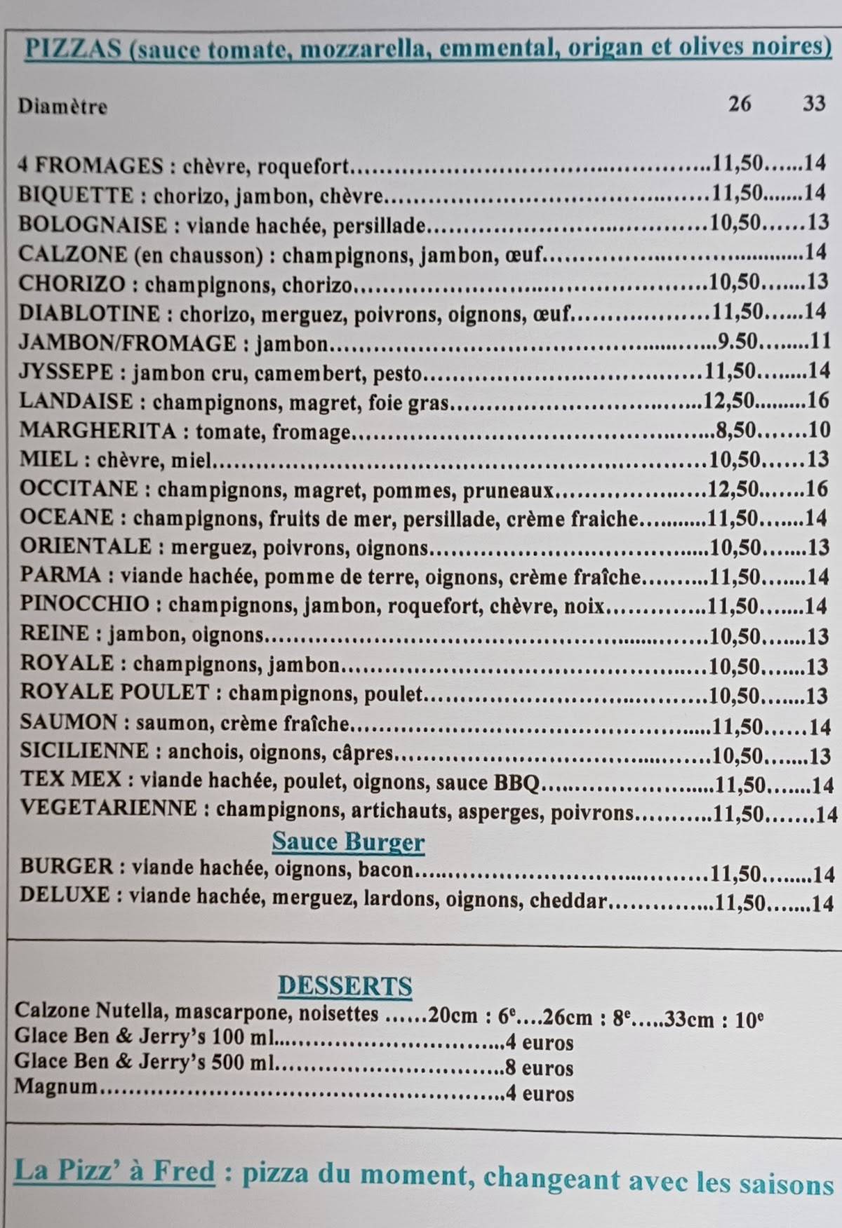Menu at Les Pizz'à Fred restaurant, Pont-du-Casse