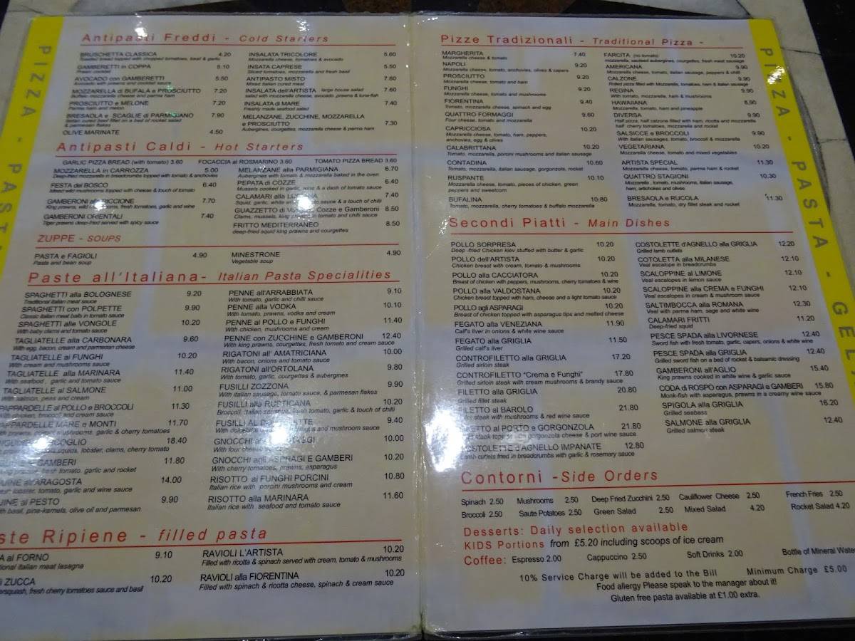 Menu at L'Artista restaurant, Letchworth Garden City