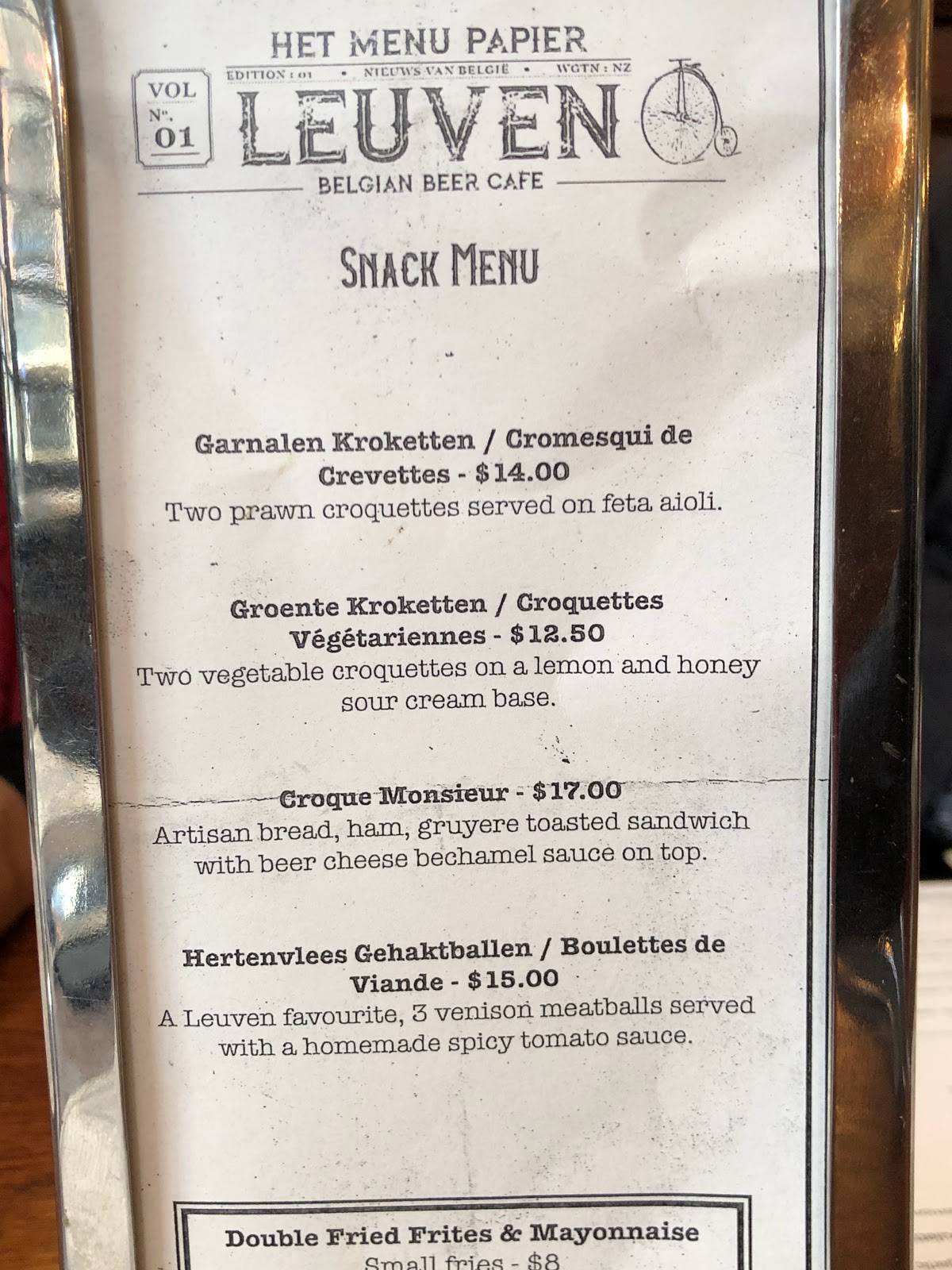 Menu at Leuven Belgium Beer Cafe, Wellington