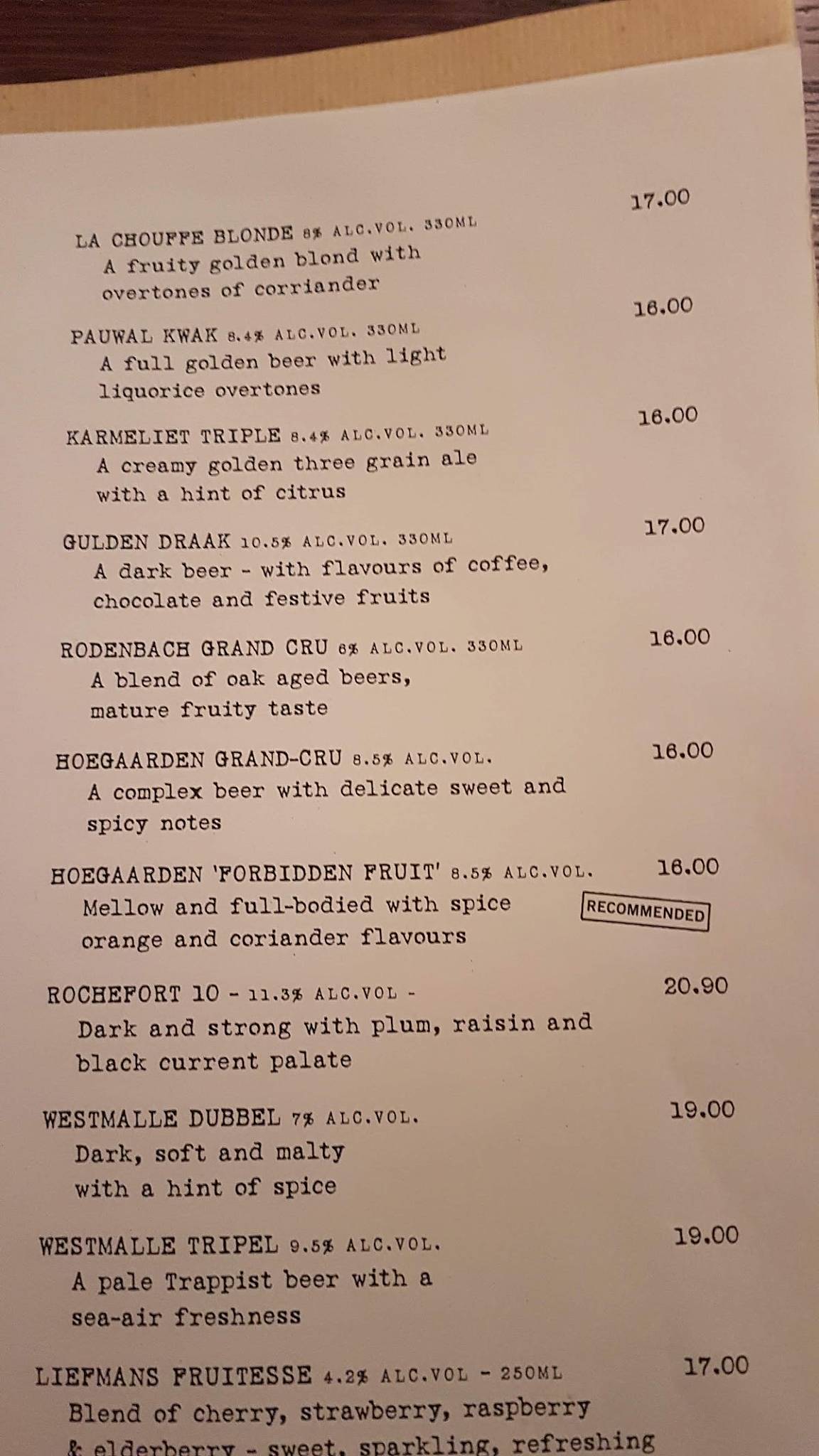 Menu at Leuven Belgium Beer Cafe, Wellington