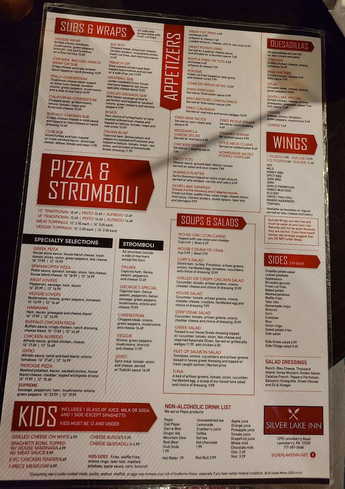 Menu at Silver Lake Inn Bistro & Tavern pizzeria, Lewisberry