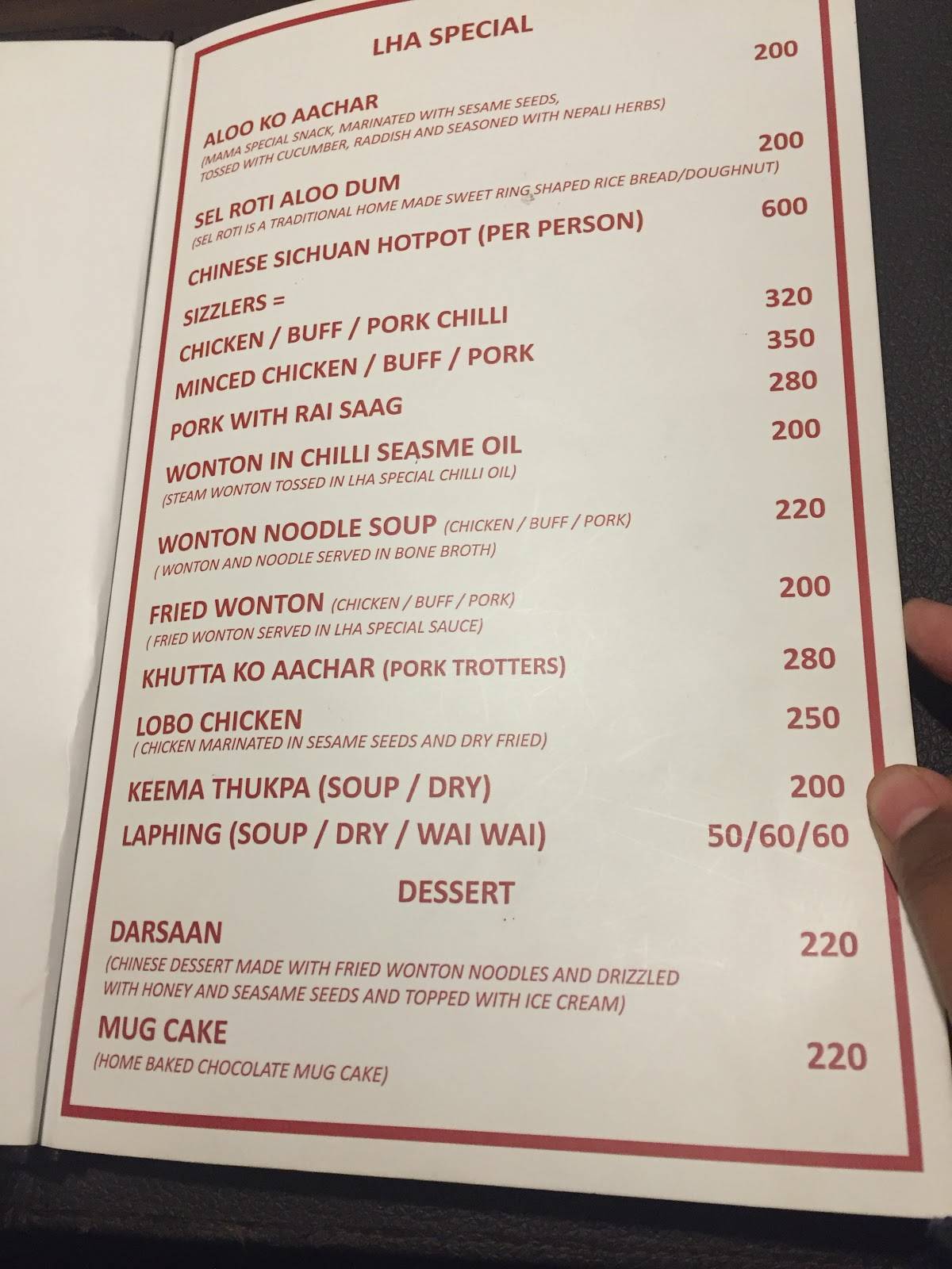 Menu at Lha Kitchen, New Delhi