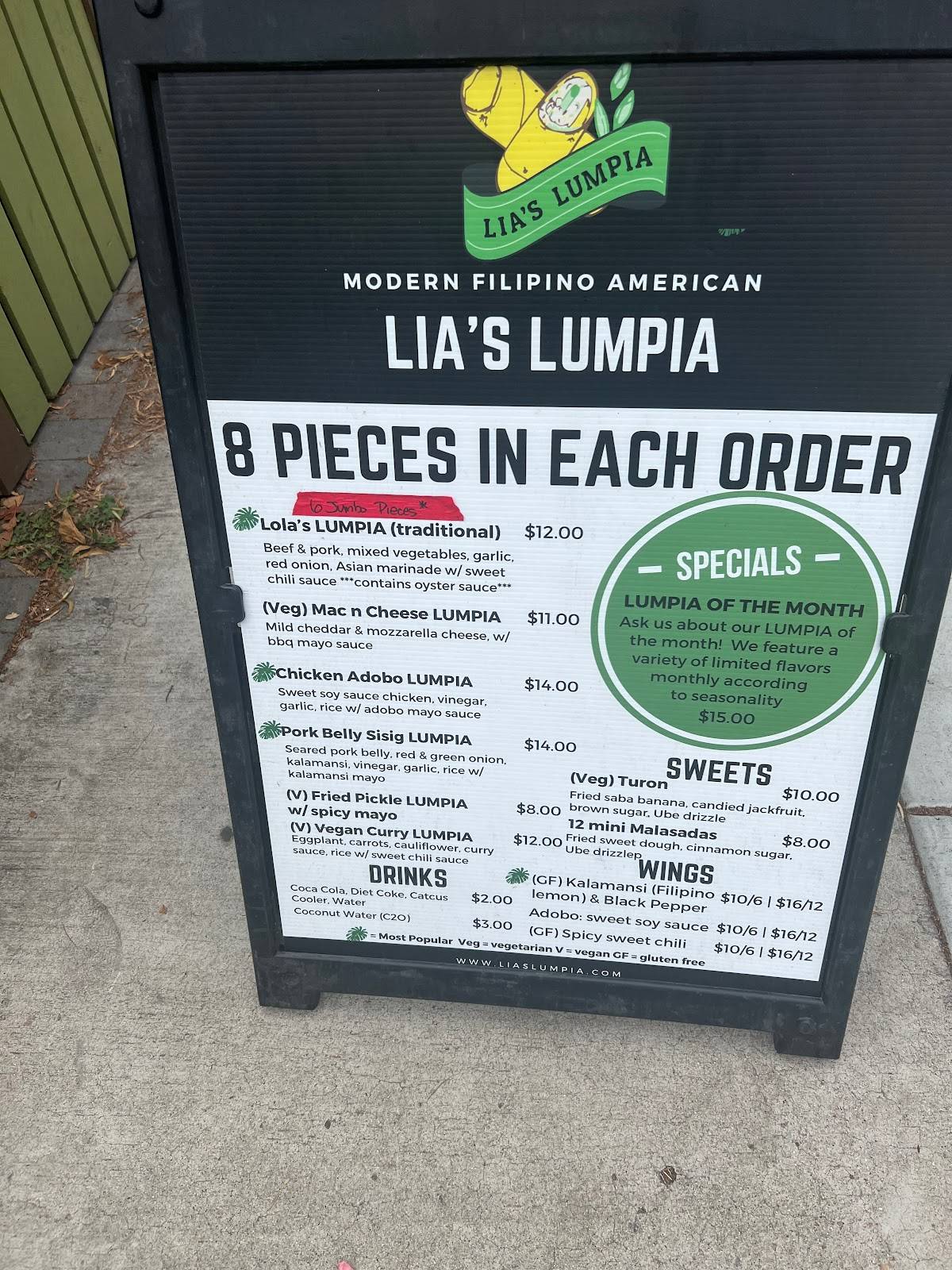 Menu at Lia’s Lumpia restaurant, San Diego, Logan Ave