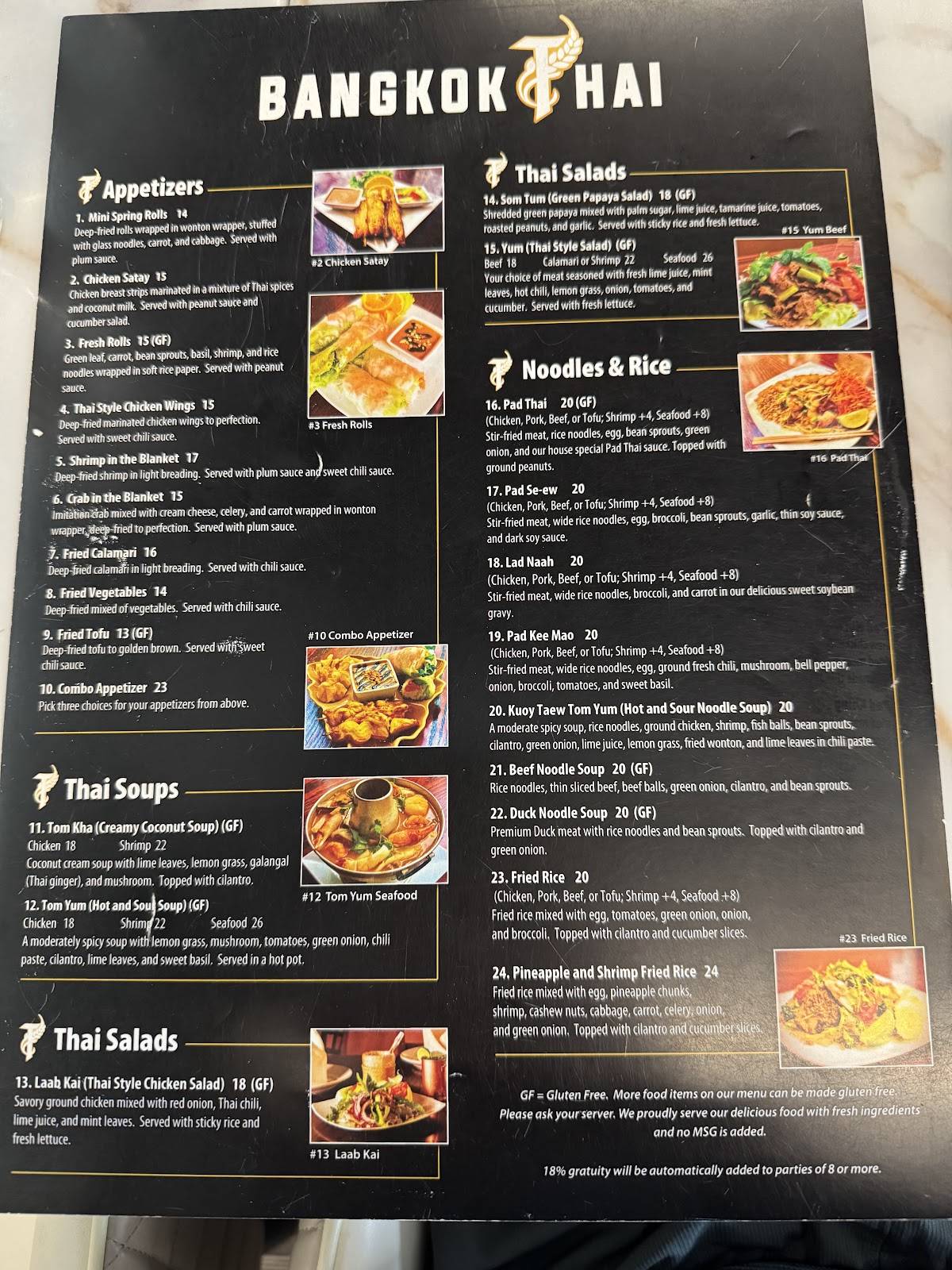 Menu at Bangkok Thai restaurant, Liberty Lake