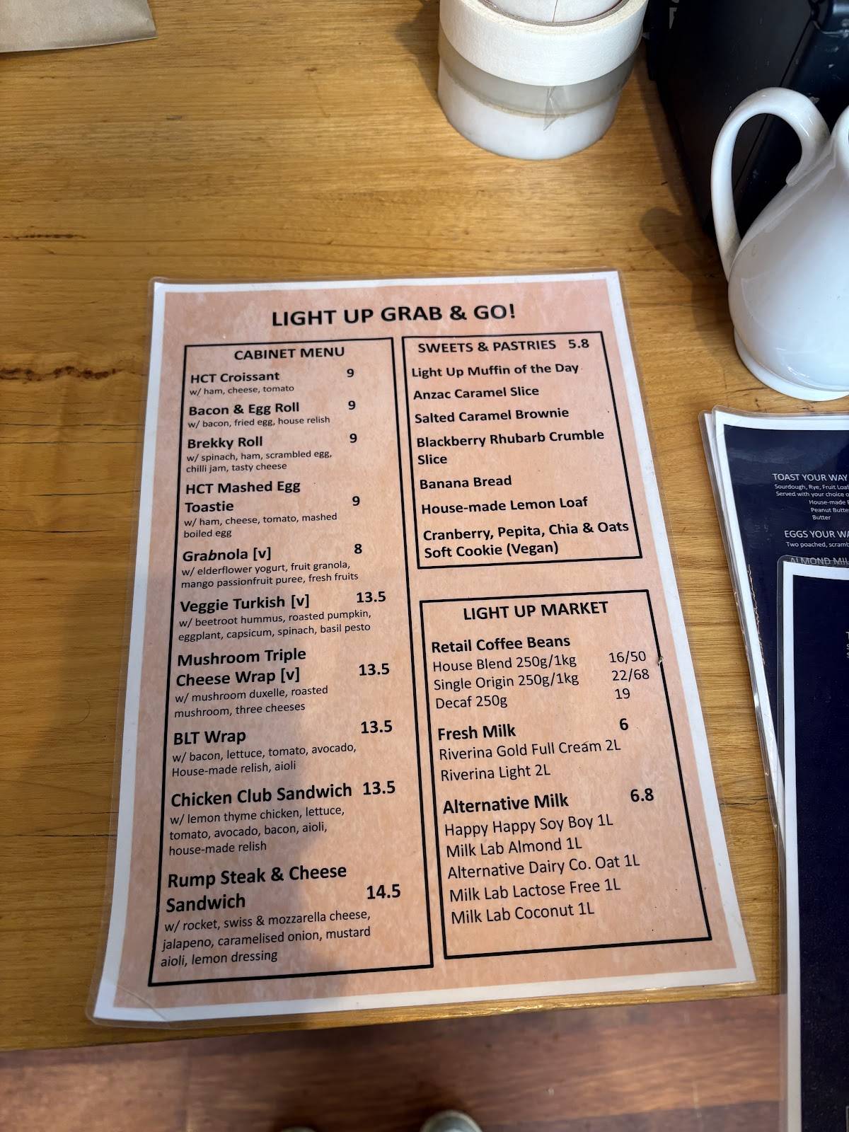 Menu at Light Up Coffee cafe, South Melbourne