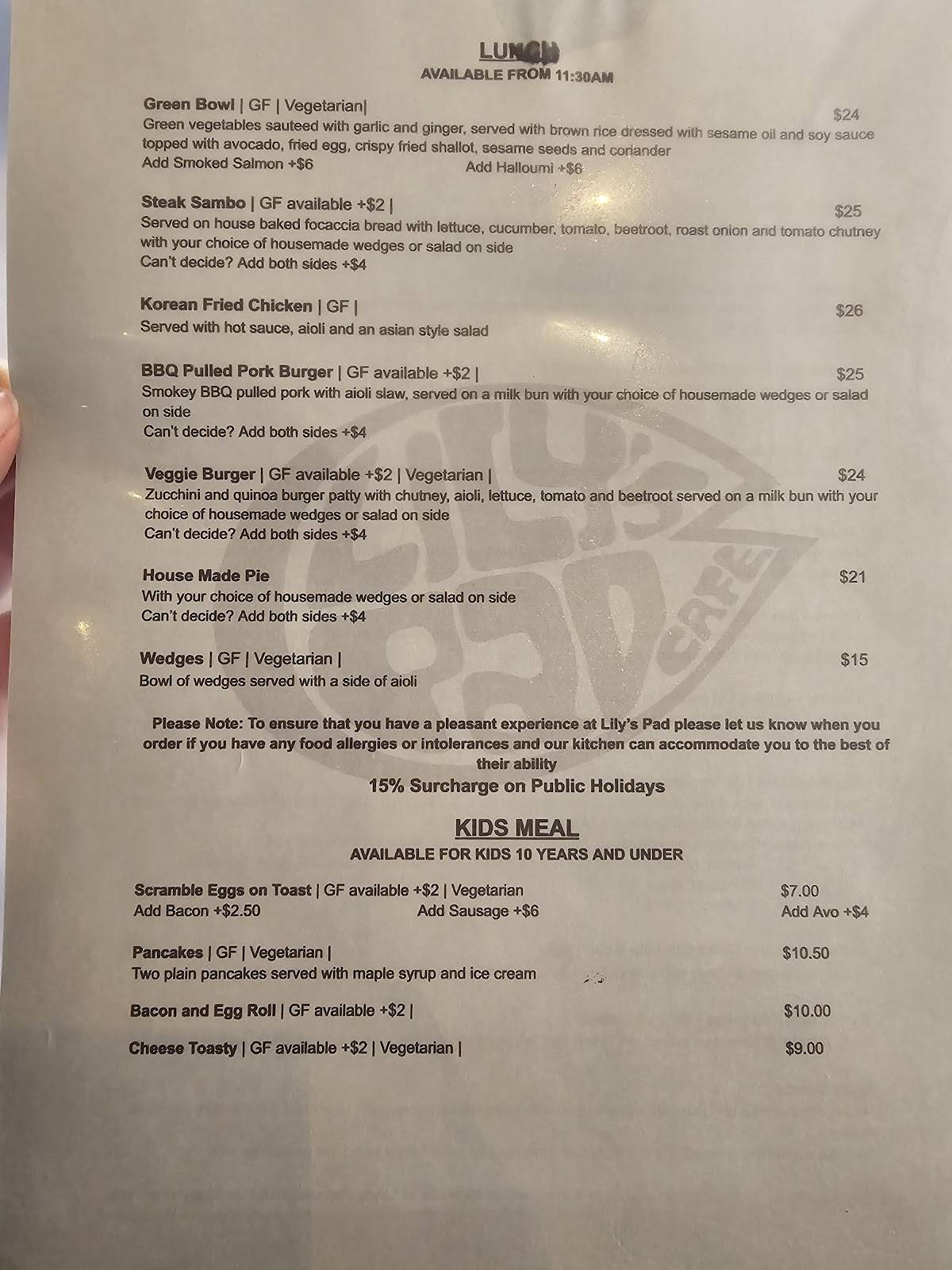 Menu at Lily's Pad Cafe, Leura