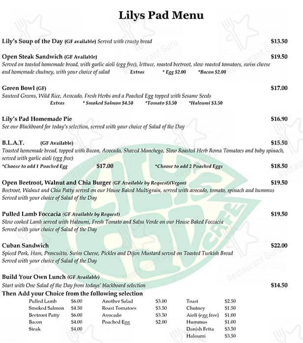 Menu at Lily's Pad Cafe, Leura