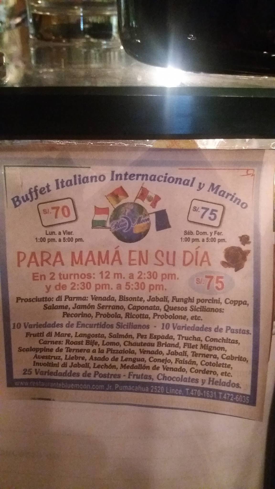Carta del restaurante Blue Moon, Lince, Jirón Brigadier Mateo Pumacahua ...