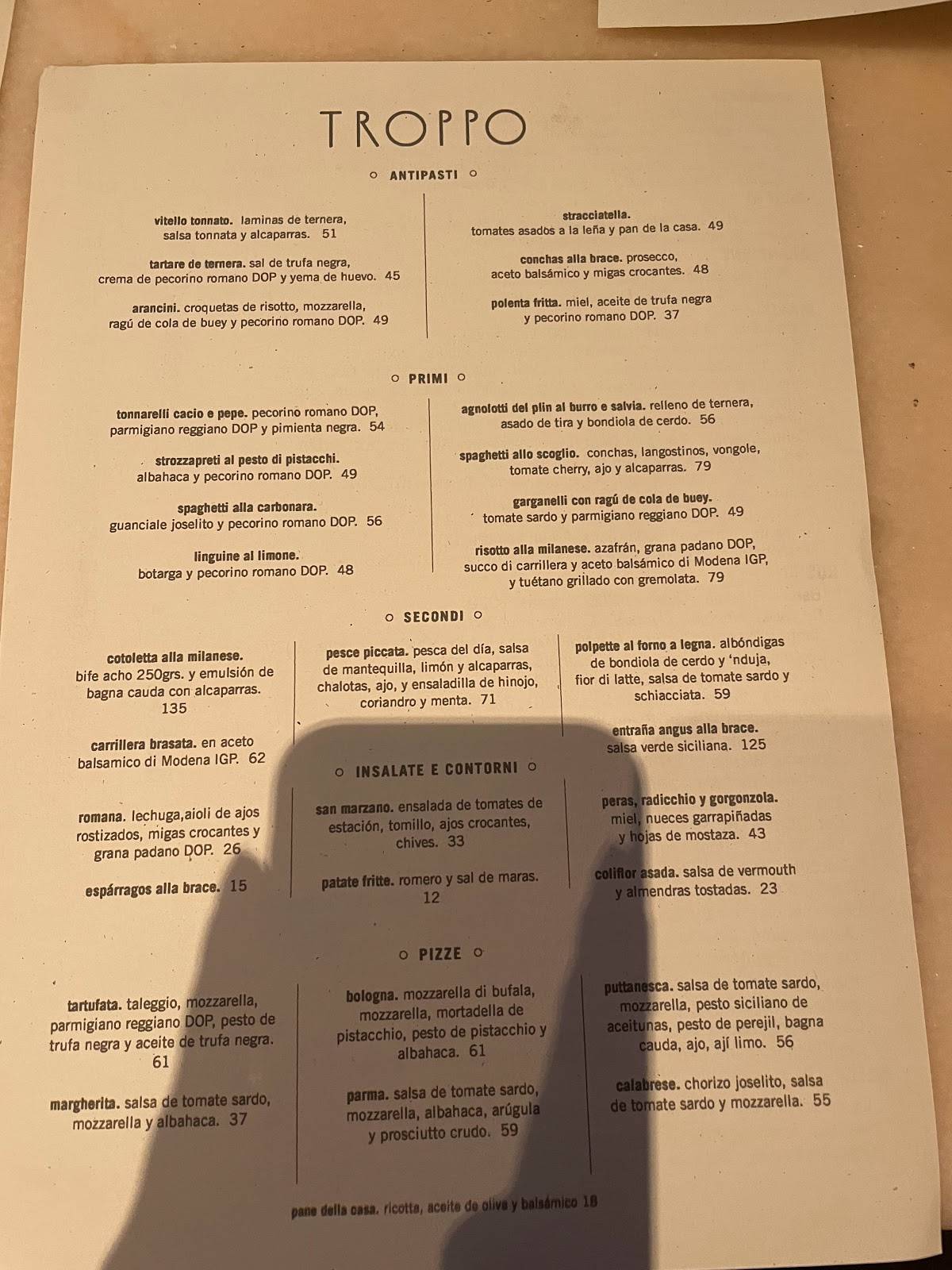 Carta de Troppo Restaurante, San Isidro