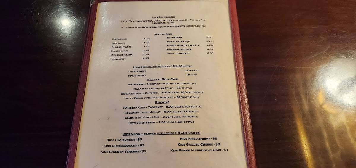 Menu at Linde Marie's Steakhouse on the Square, Cave Spring