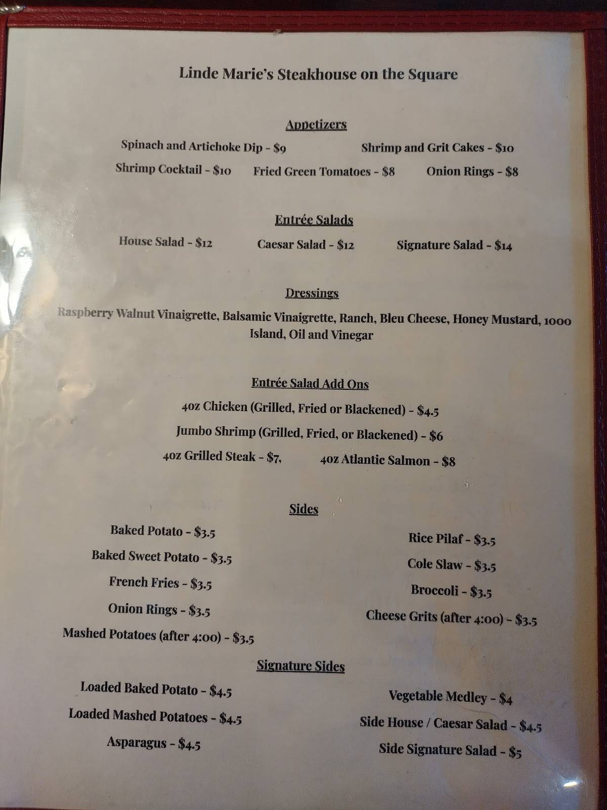 Menu at Linde Marie's Steakhouse on the Square, Cave Spring