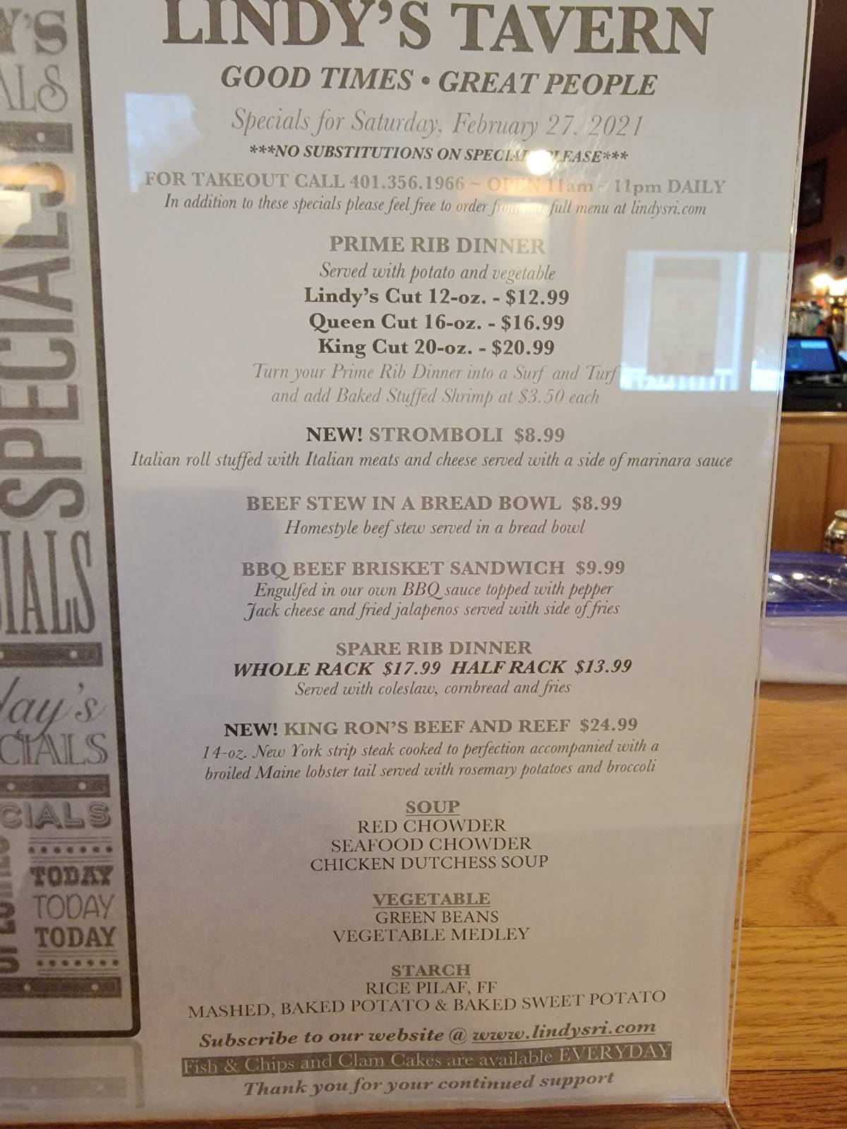 Menu at Lindy's Tavern pub & bar, North Smithfield