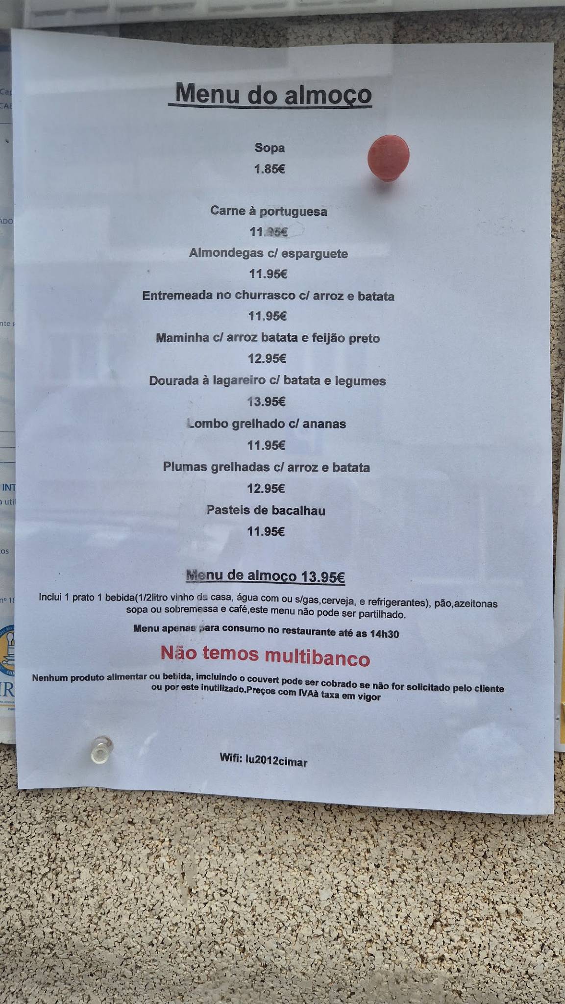 Menu at Lucimar restaurant, Lisbon, R. Francisco Tomás da Costa 28