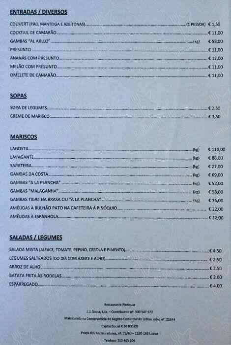 Menu at Pinóquio restaurant, Lisbon, Praça dos Restauradores 79 80