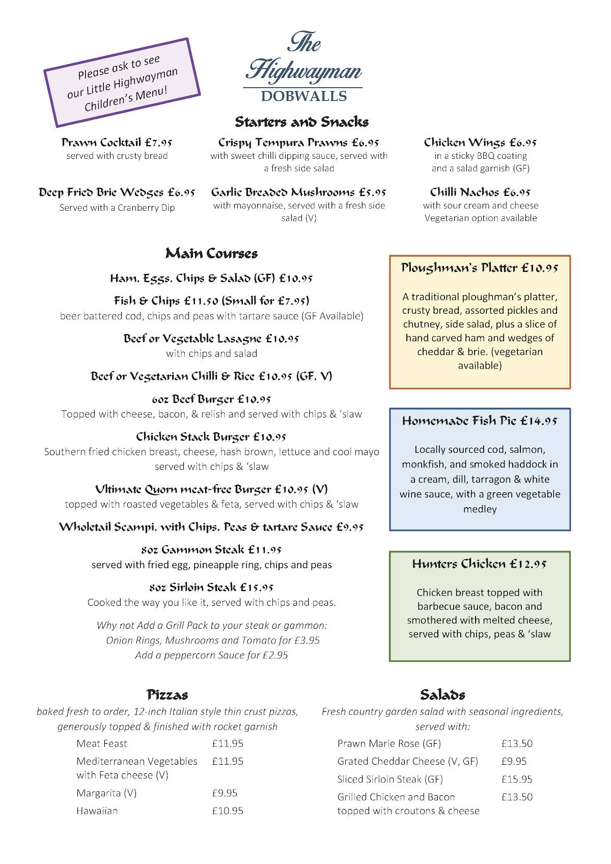 Menu at The Highwayman pub & bar, Liskeard