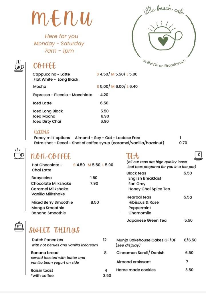 Menu at Little Beach Cafe at Bel Air, Broadbeach