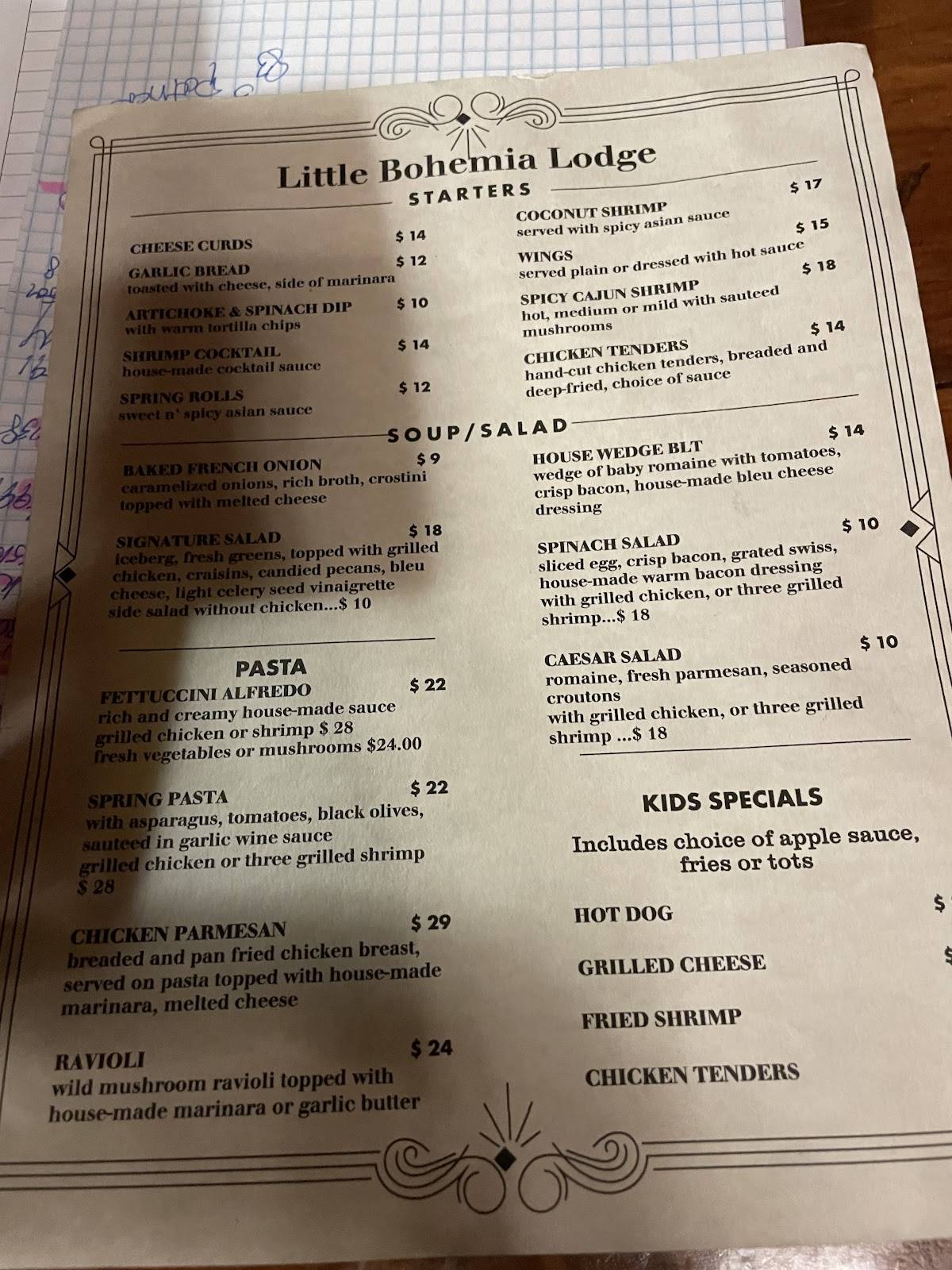 Menu at Little Bohemia Lodge restaurant, Manitowish Waters, 142 US-51
