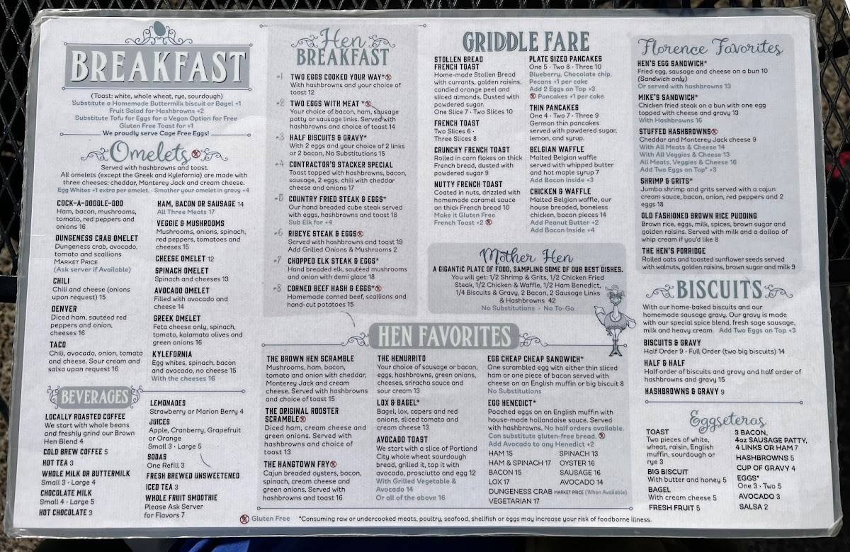 Menu at Little Brown Hen Cafe, Florence
