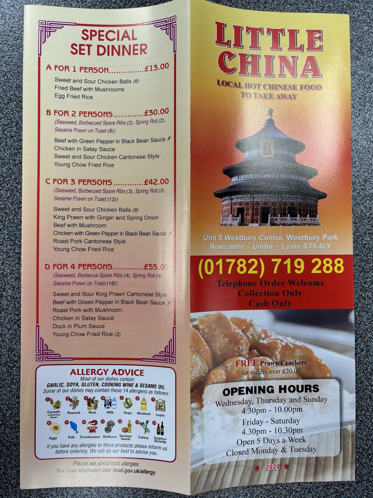 Menu at Little China restaurant, Newcastle-under-Lyme