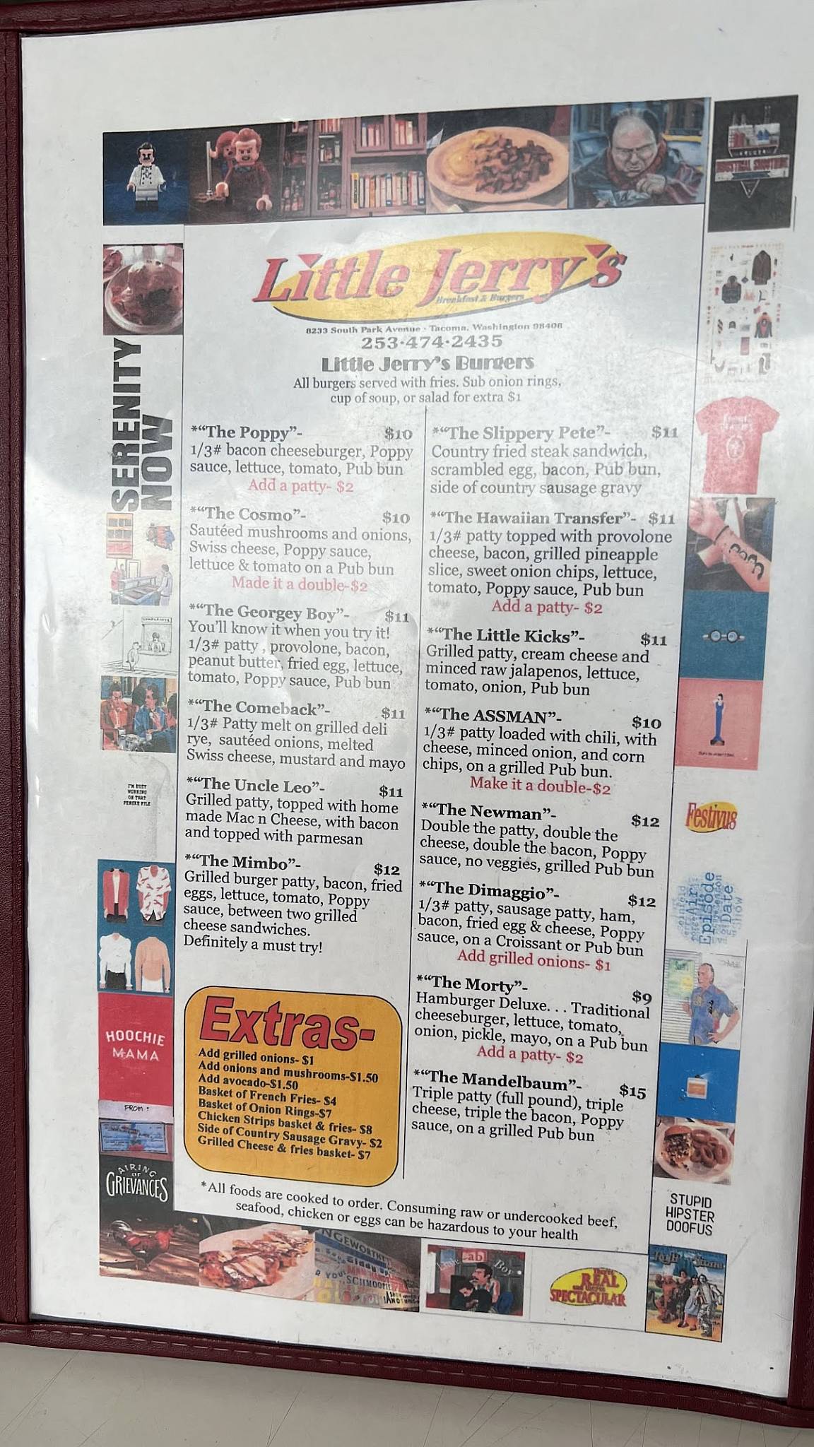 Menu at Little Jerry's restaurant, Tacoma, Park Ave. S