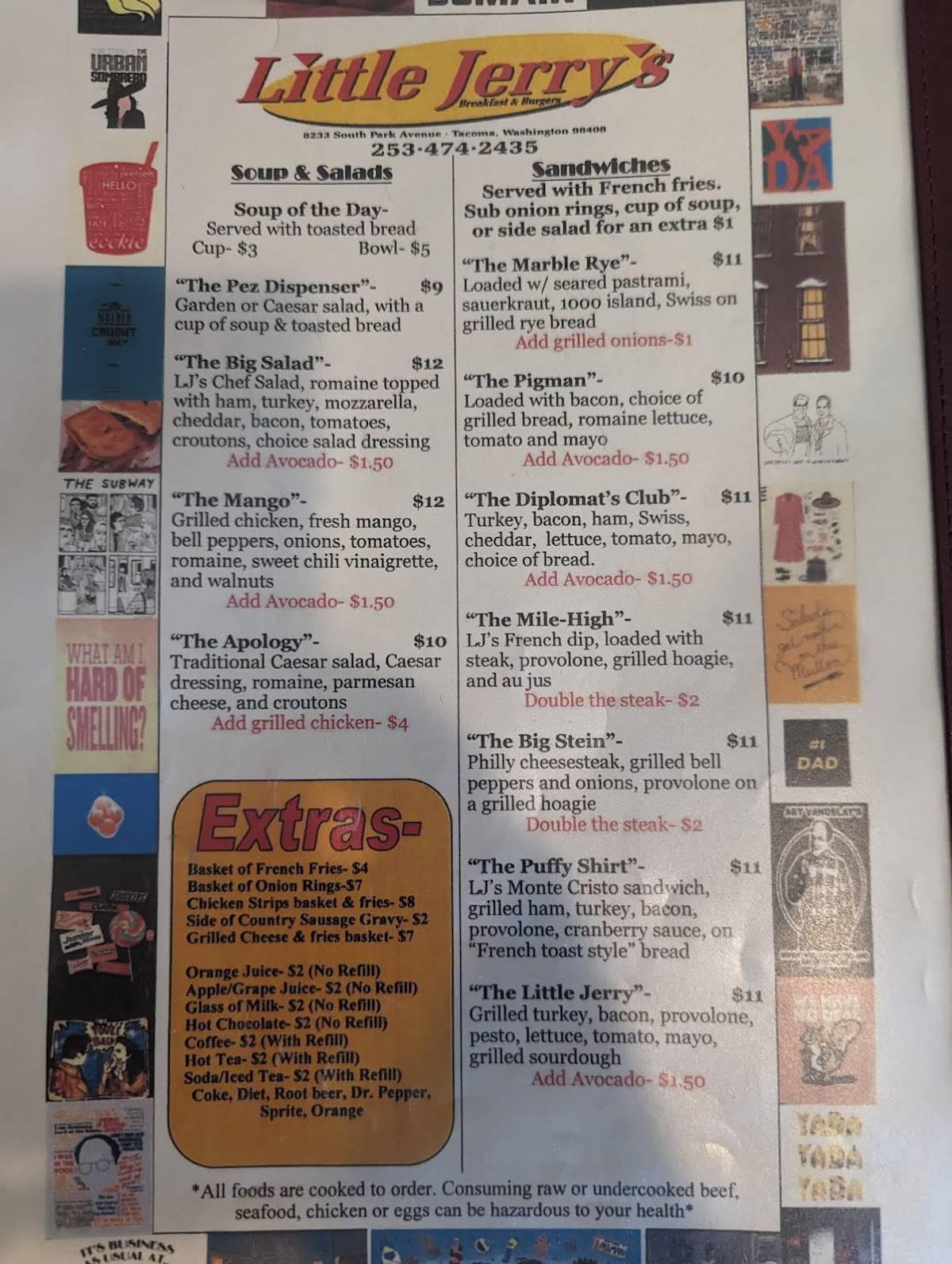 Menu at Little Jerry's restaurant, Tacoma, Park Ave. S