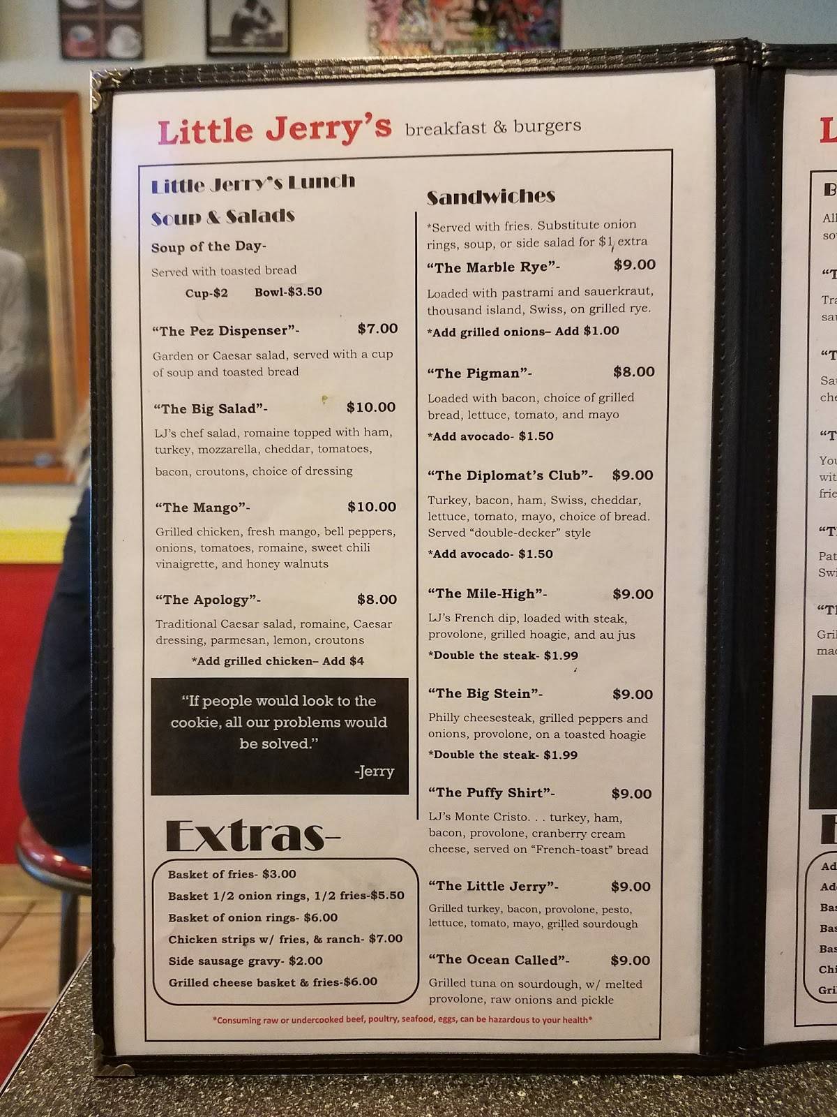 Menu at Little Jerry's restaurant, Tacoma, Park Ave. S