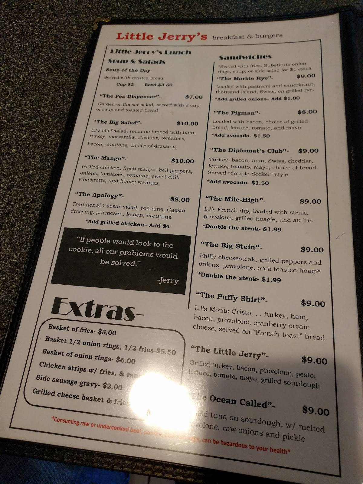 Menu at Little Jerry's restaurant, Tacoma, Park Ave. S