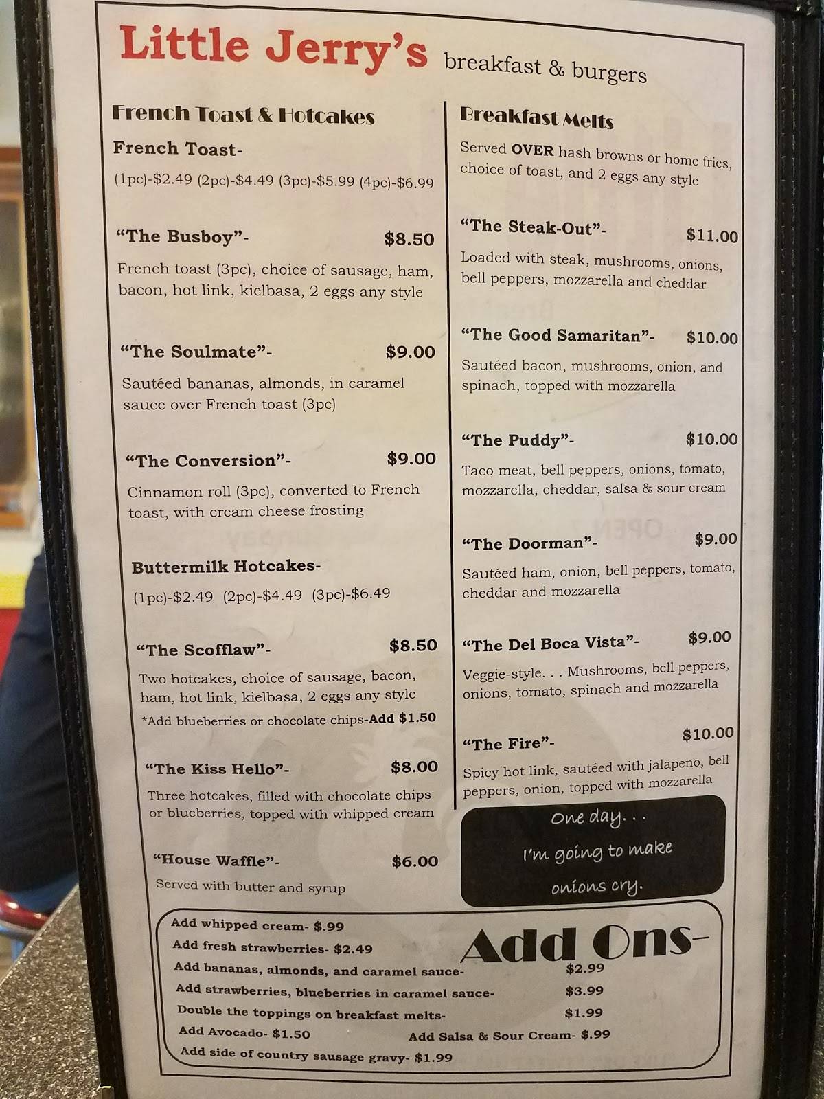 Menu at Little Jerry's restaurant, Tacoma, Park Ave. S