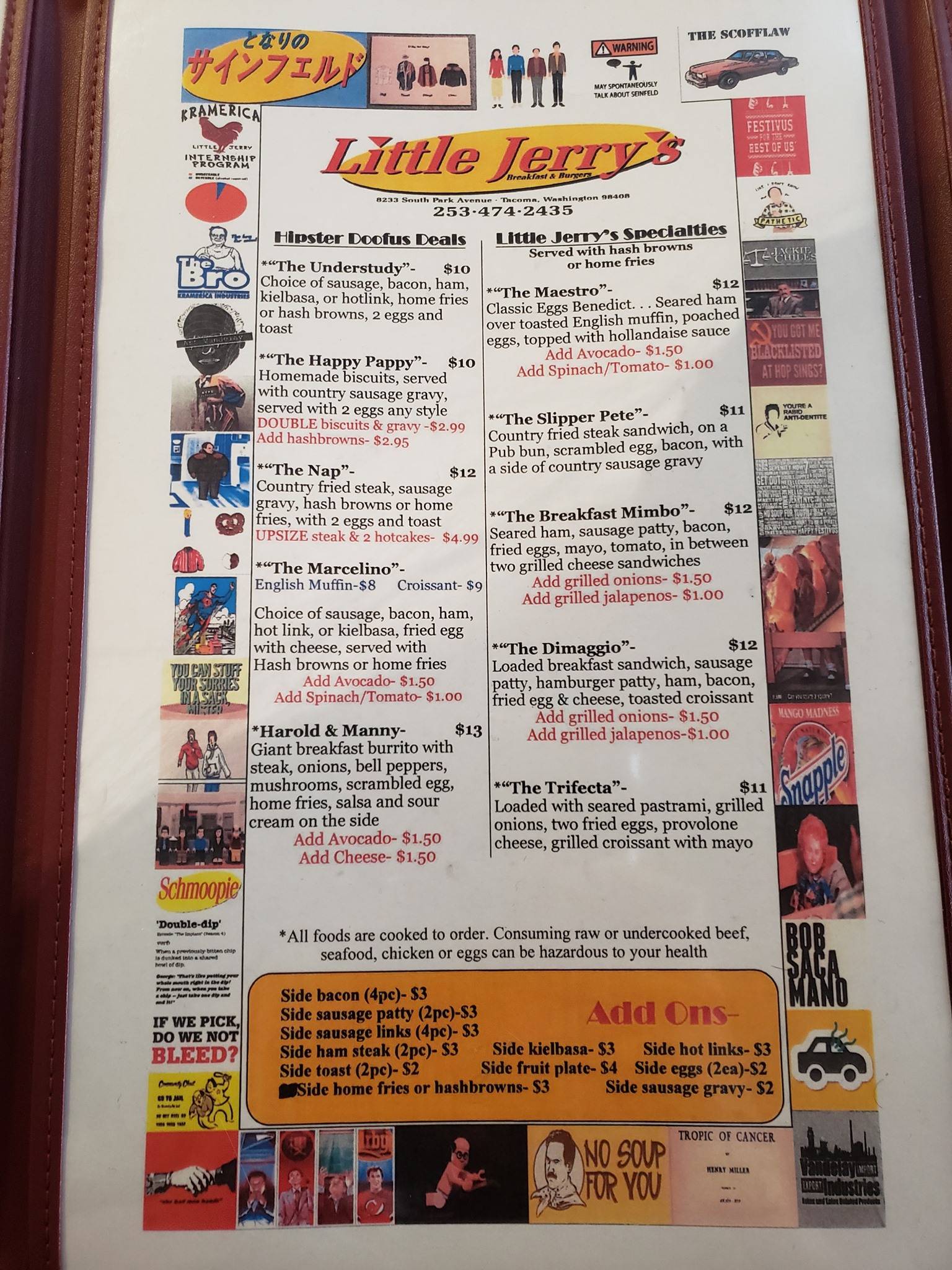 Menu at Little Jerry's restaurant, Tacoma, Park Ave. S