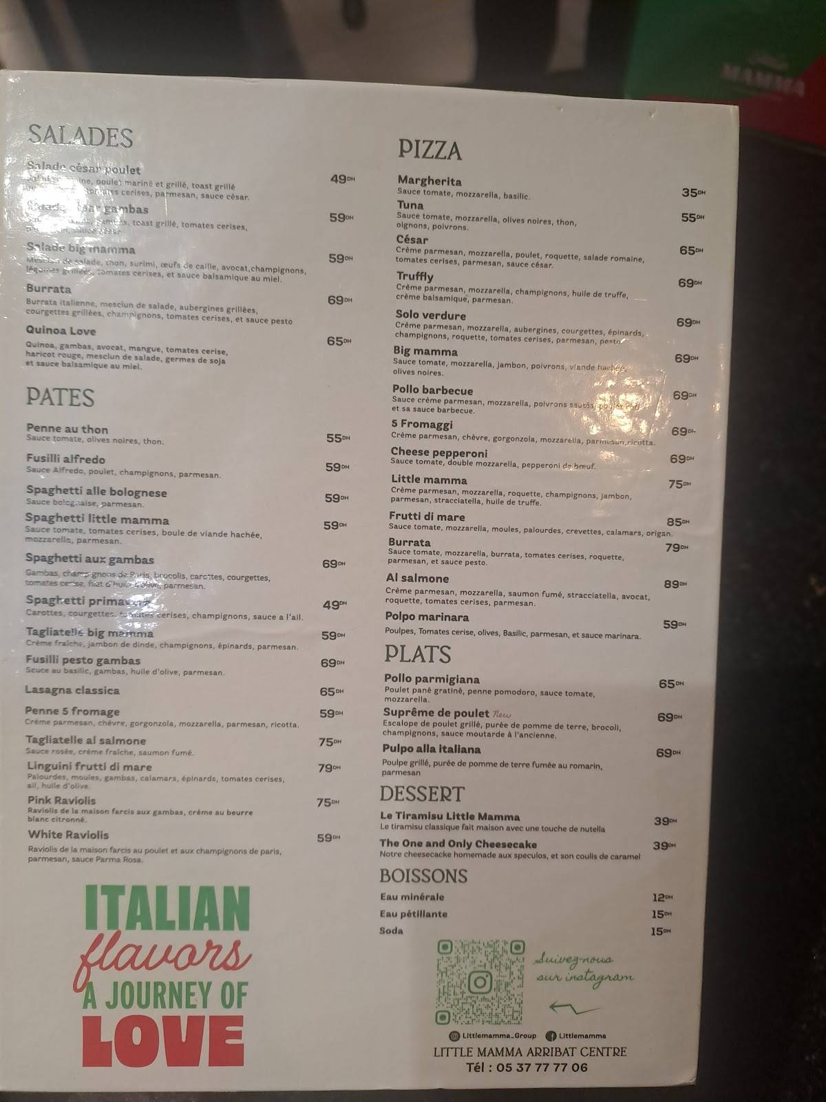 Menu at Little Mamma restaurant, Rabat