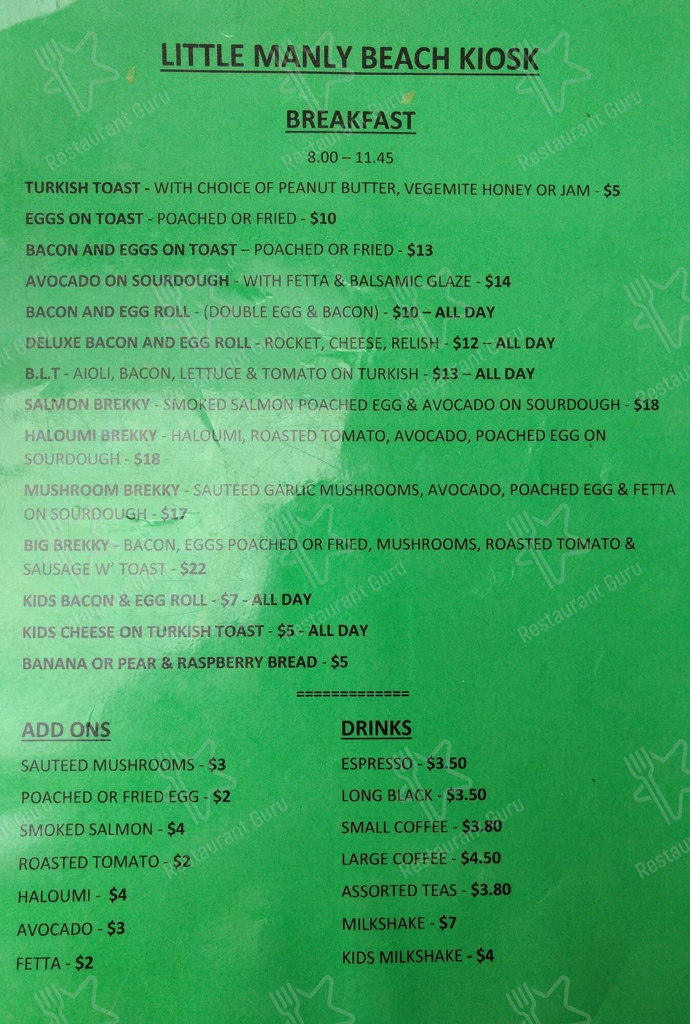 Menu at Little Manly Beach Kiosk restaurant, Manly