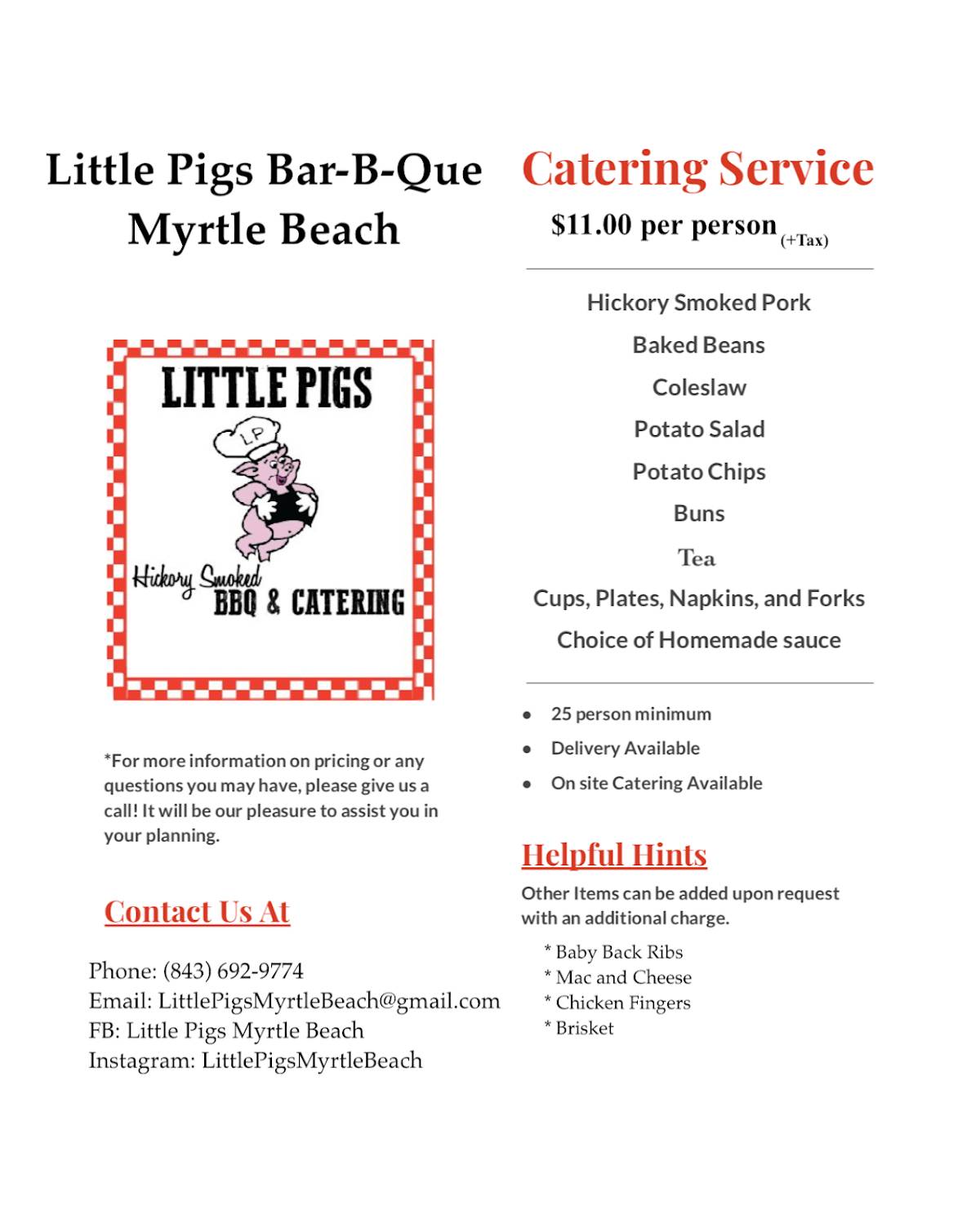 Menu at Little Pigs Bar-B-Q, Myrtle Beach