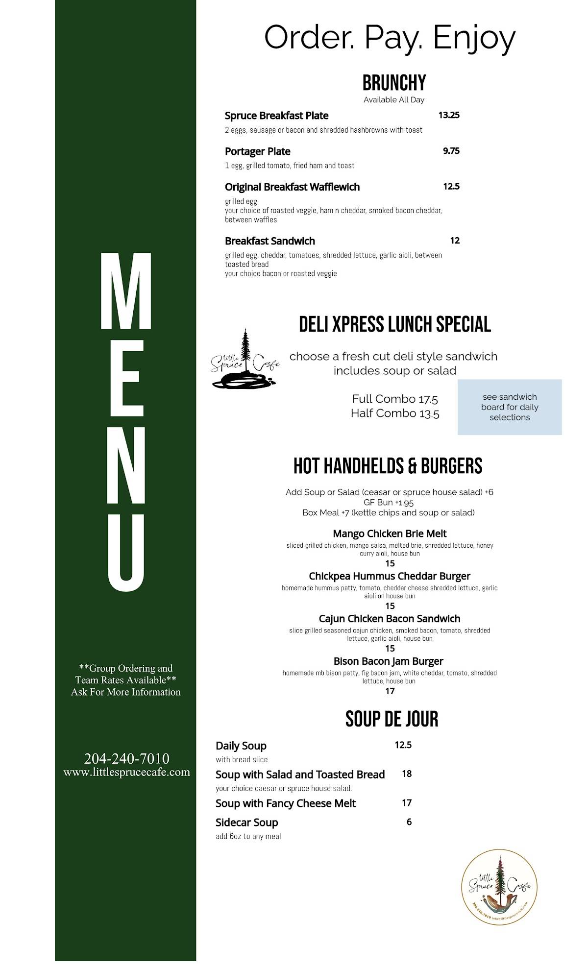 Menu at Little Spruce Cafe, Portage la Prairie, 206 Prince Ave