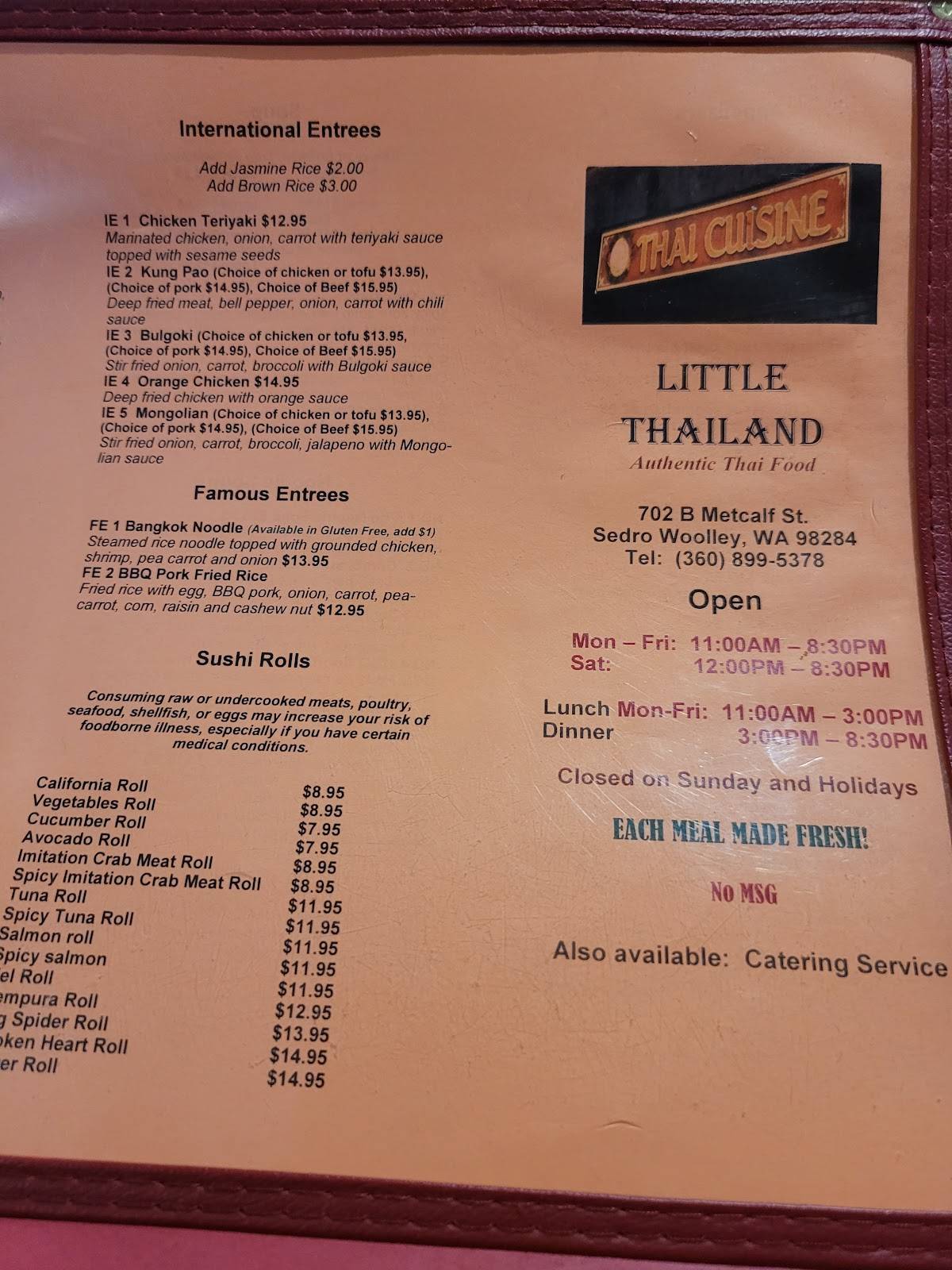 Menu at Little Thailand restaurant, Sedro-Woolley