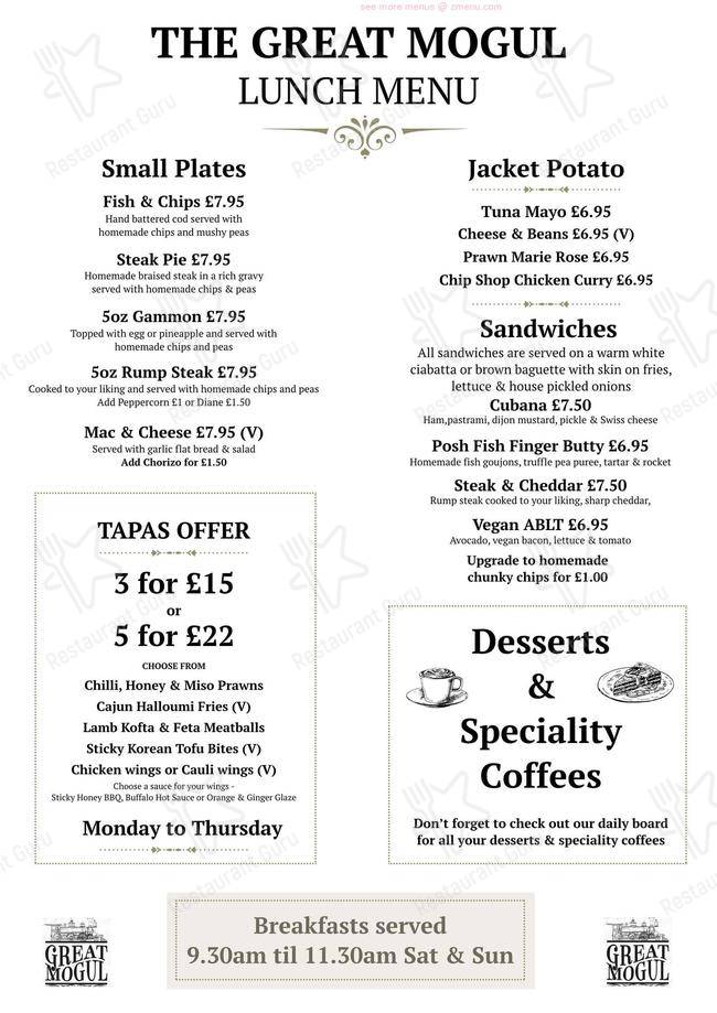 Menu at Great Mogul pub & bar, Maghull, 31 Station Rd