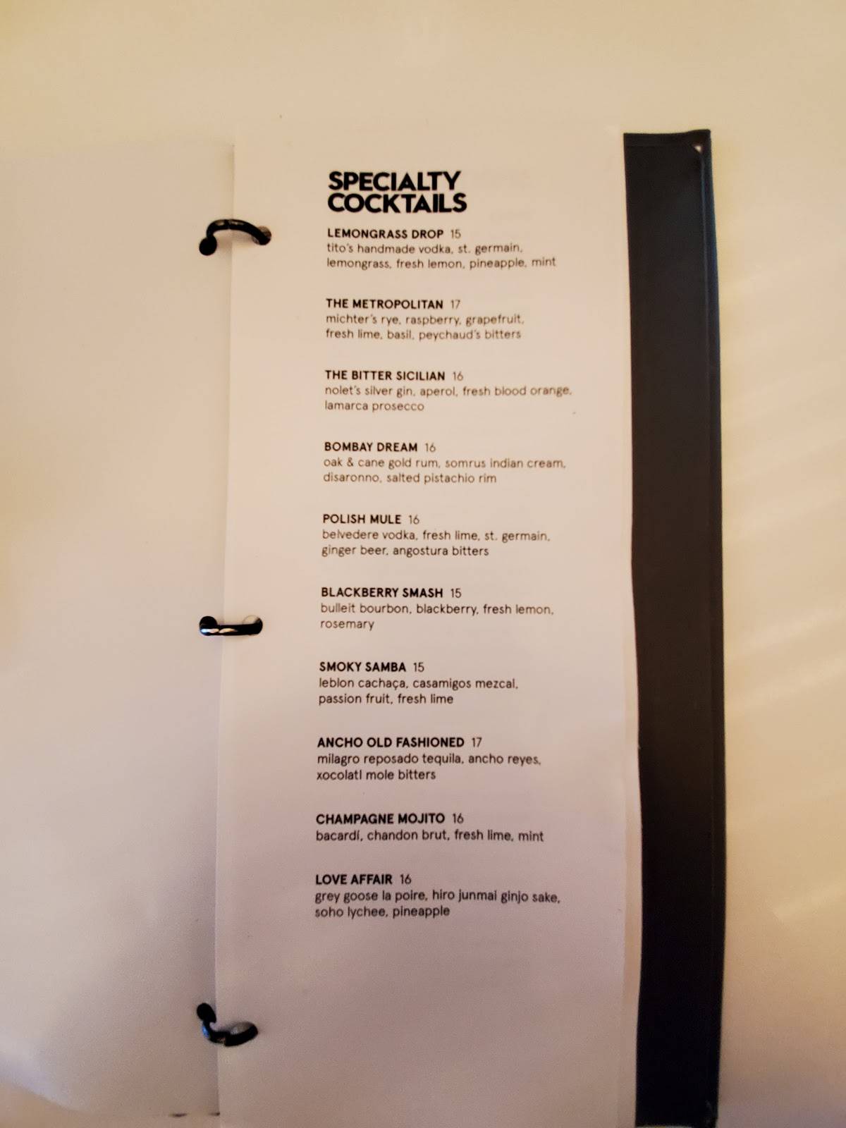 Menu at Living Room At The W Hotel pub & bar, Fort Lauderdale