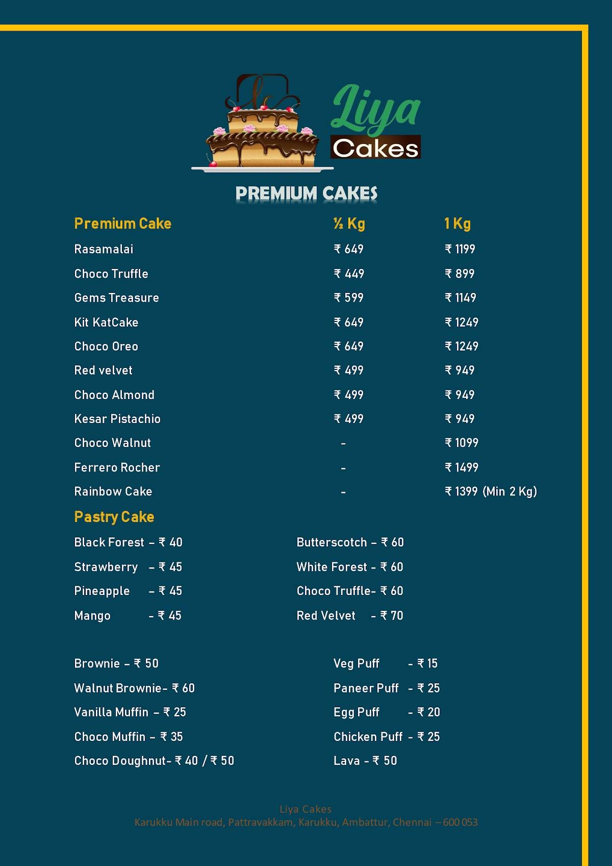 Menu at Liya Cakes, Chennai