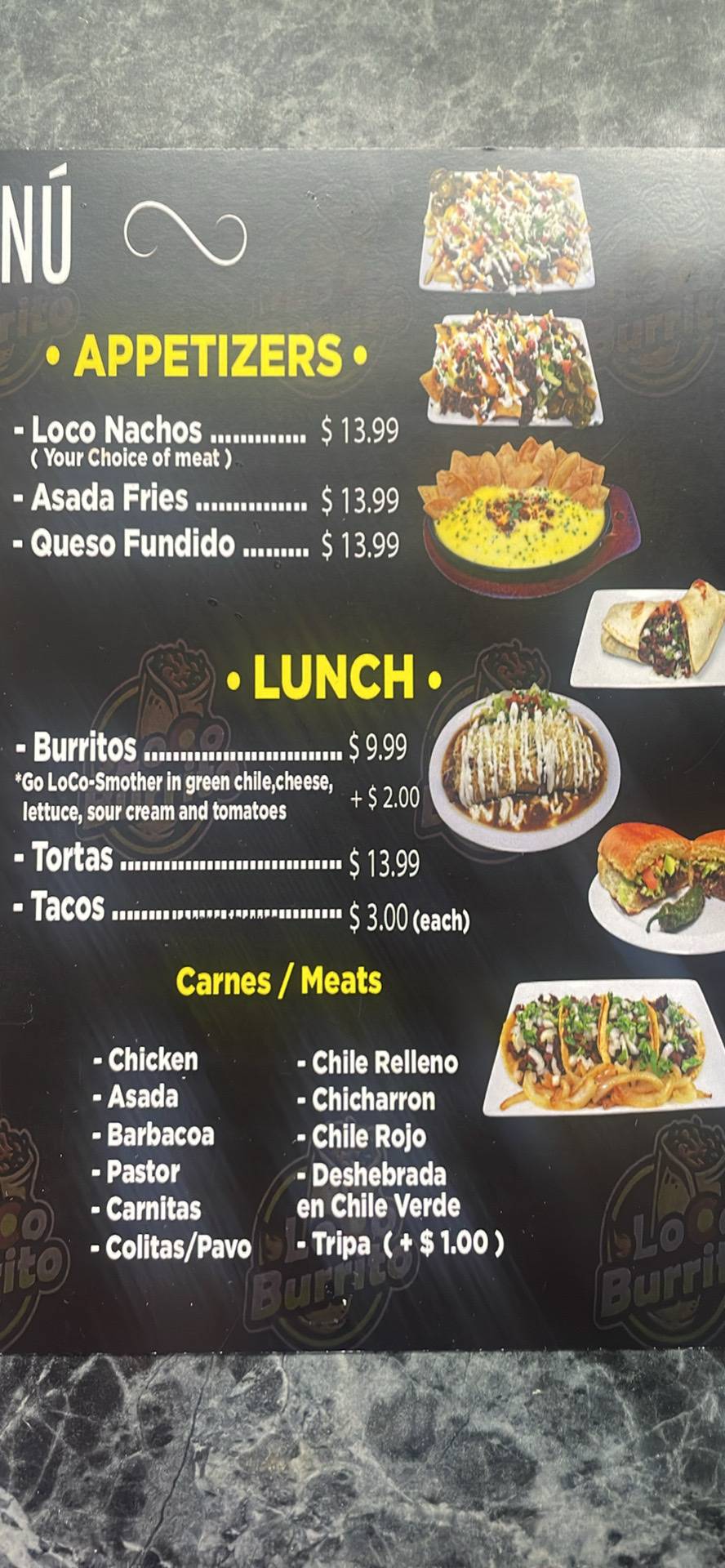 Menu at LoCo Burrito restaurant, Longmont