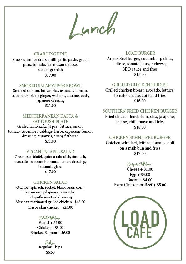 Menu at Load Cafe, Alexandria