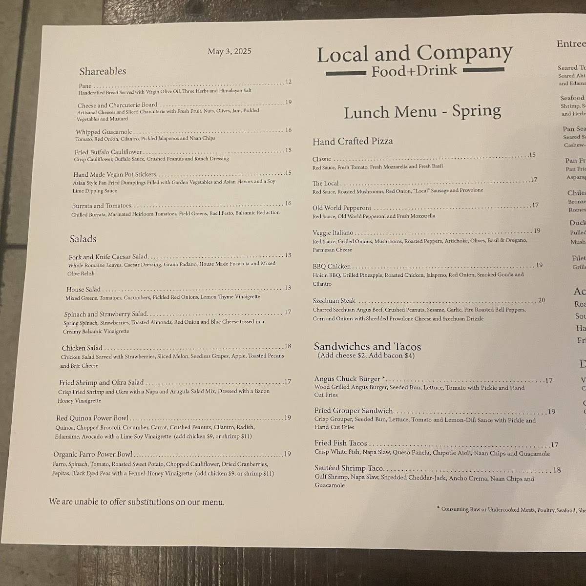 Menu at Local and Company Food+Drink pub & bar, Foley