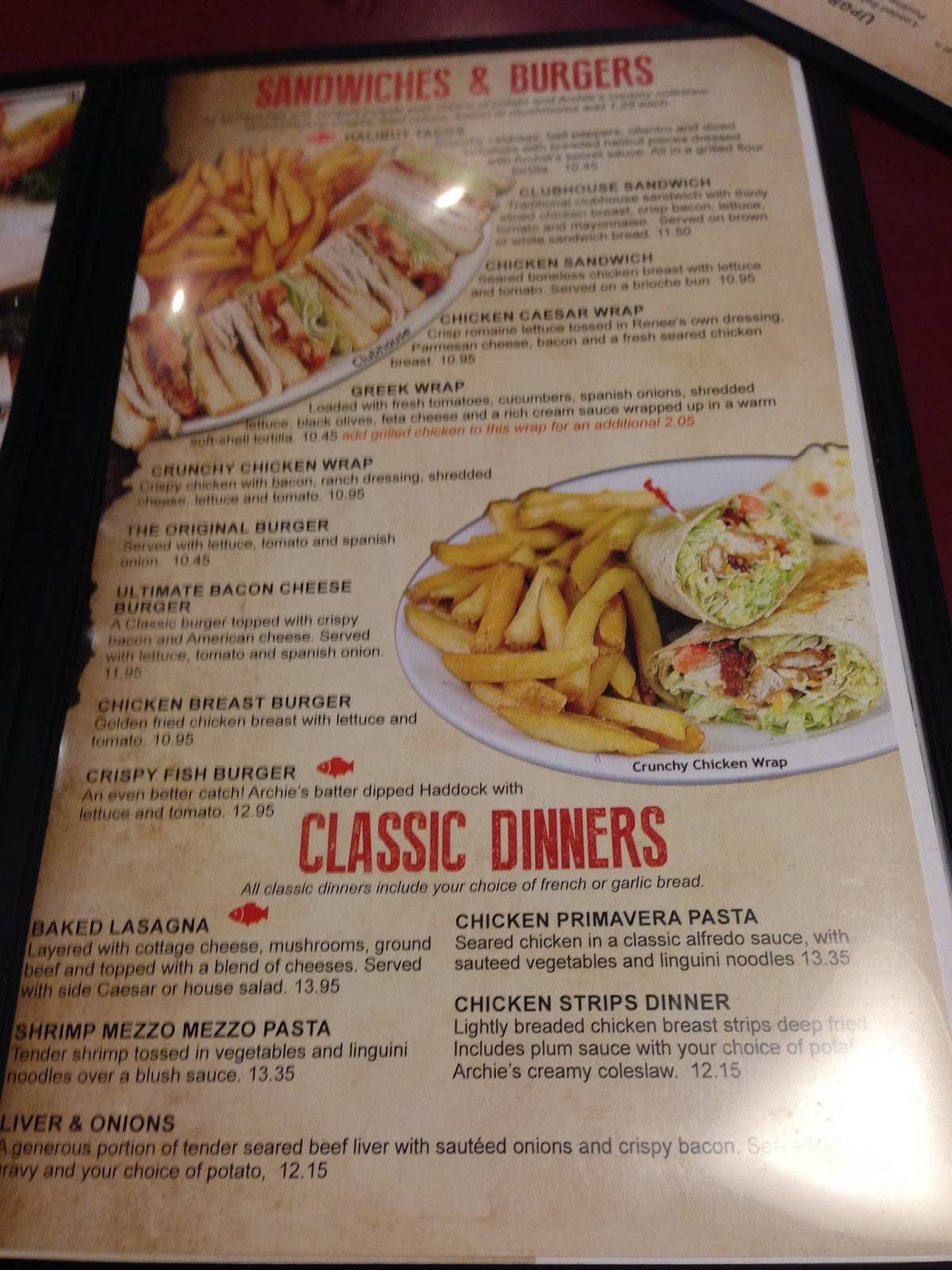 Menu at Archie's Fish & Chips restaurant, London, Huron St