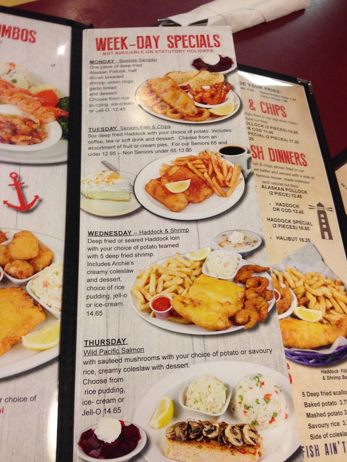 Menu at Archie's Fish & Chips restaurant, London, Huron St